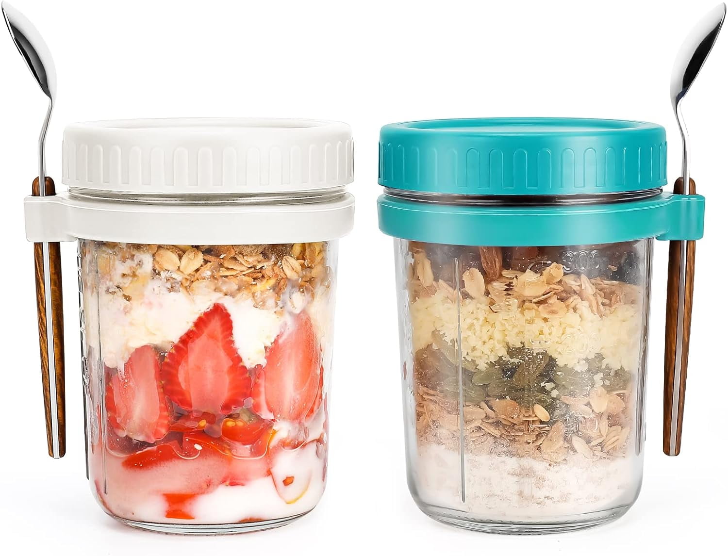 Overnight Oats Jars with Spoon and Lid 16 oz [2 Pack], Airtight Oatmeal ...