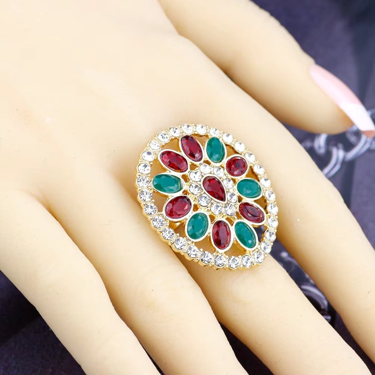 Oversize Gold Multi Color Crystals Adjustable Free Size Oval Finger ...