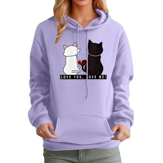 Oversize Hoodie for Women Fall Cute Cartoon Cat Heart Graphic Long ...