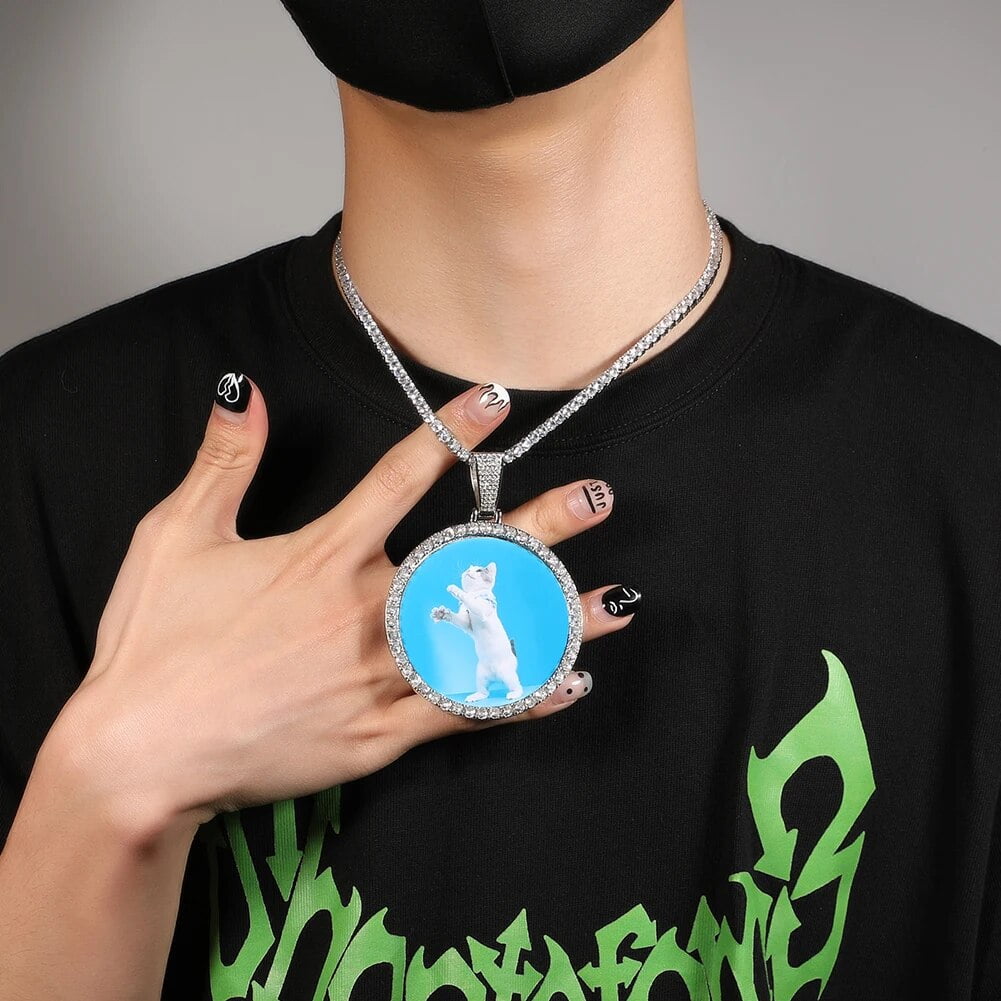 Oversize Large Round Custom Photo Pendant Necklace Engrave Name Iced ...