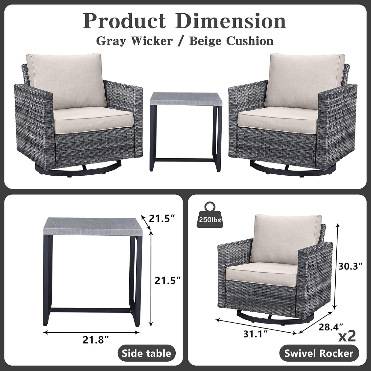 Oversize Outdoor Wicker Swivel Rocker Set with Cushions, 3 Piece ...