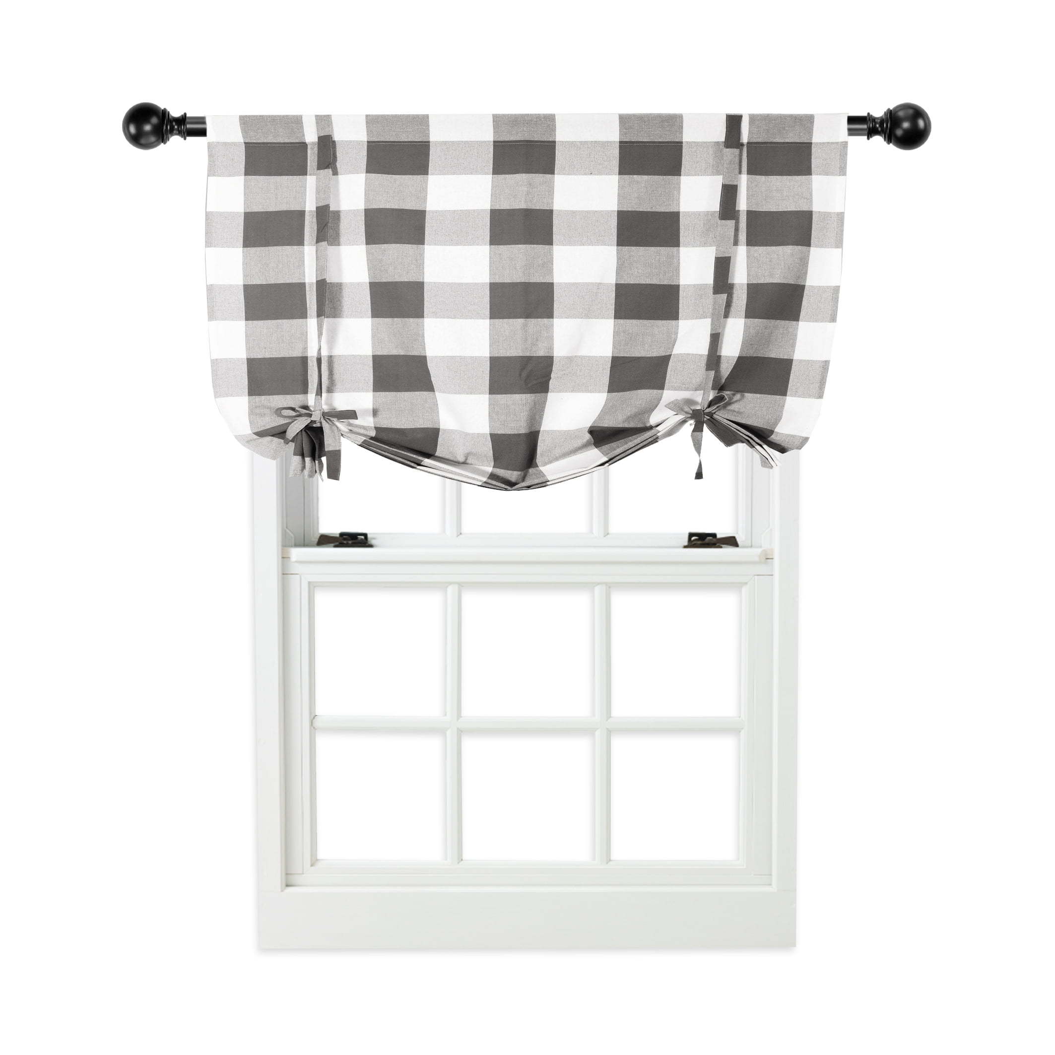 Oversize Plaid Gingham Check Tie Up Window Curtain Shade - Gray ...