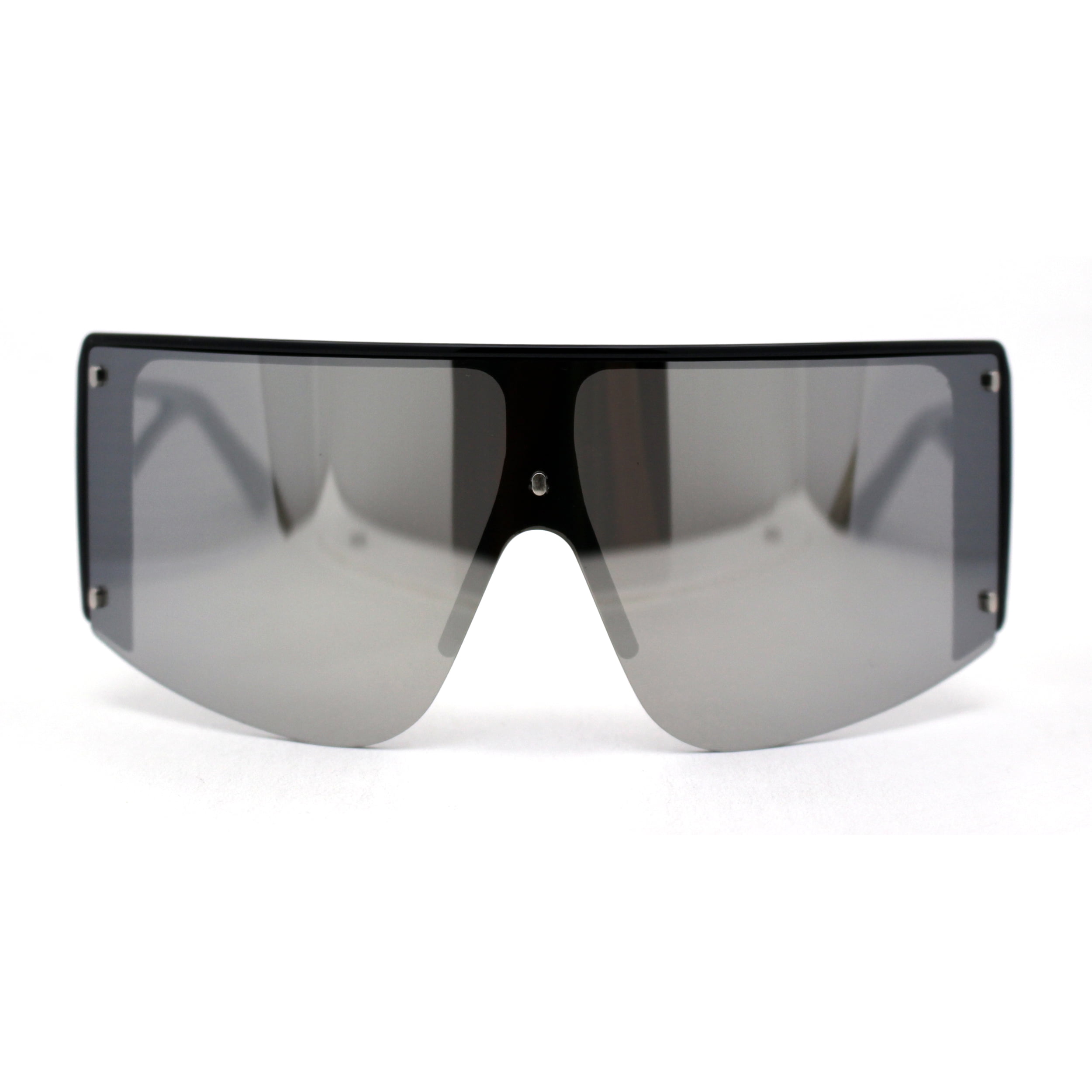 Oversize Shield Flat Top Half Rim Sunglasses Black Silver Mirror ...
