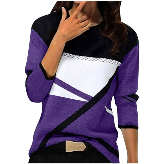 Oversize Sweatshirts for Women Geometry Patchwork Long Sleeve Crew Neck ...