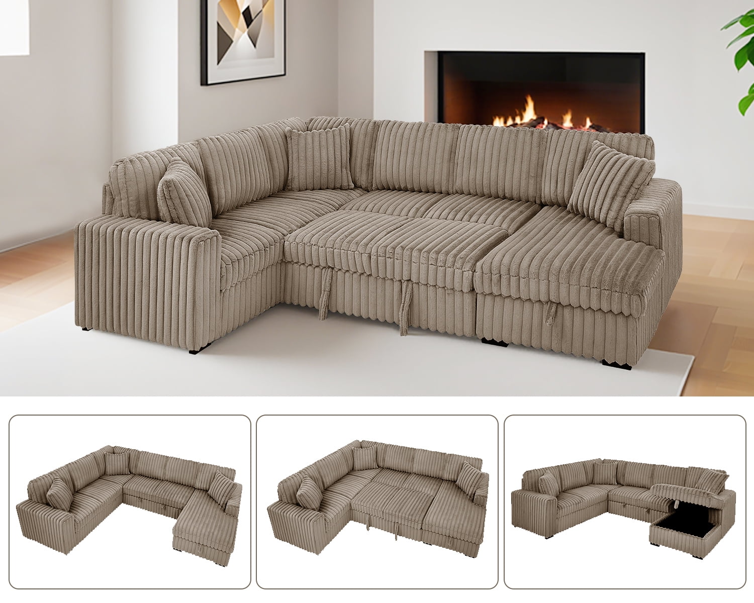 Oversized 122" U-Shaped Sectional Sleeper Sofa Bed with Pull-Out Bed ...