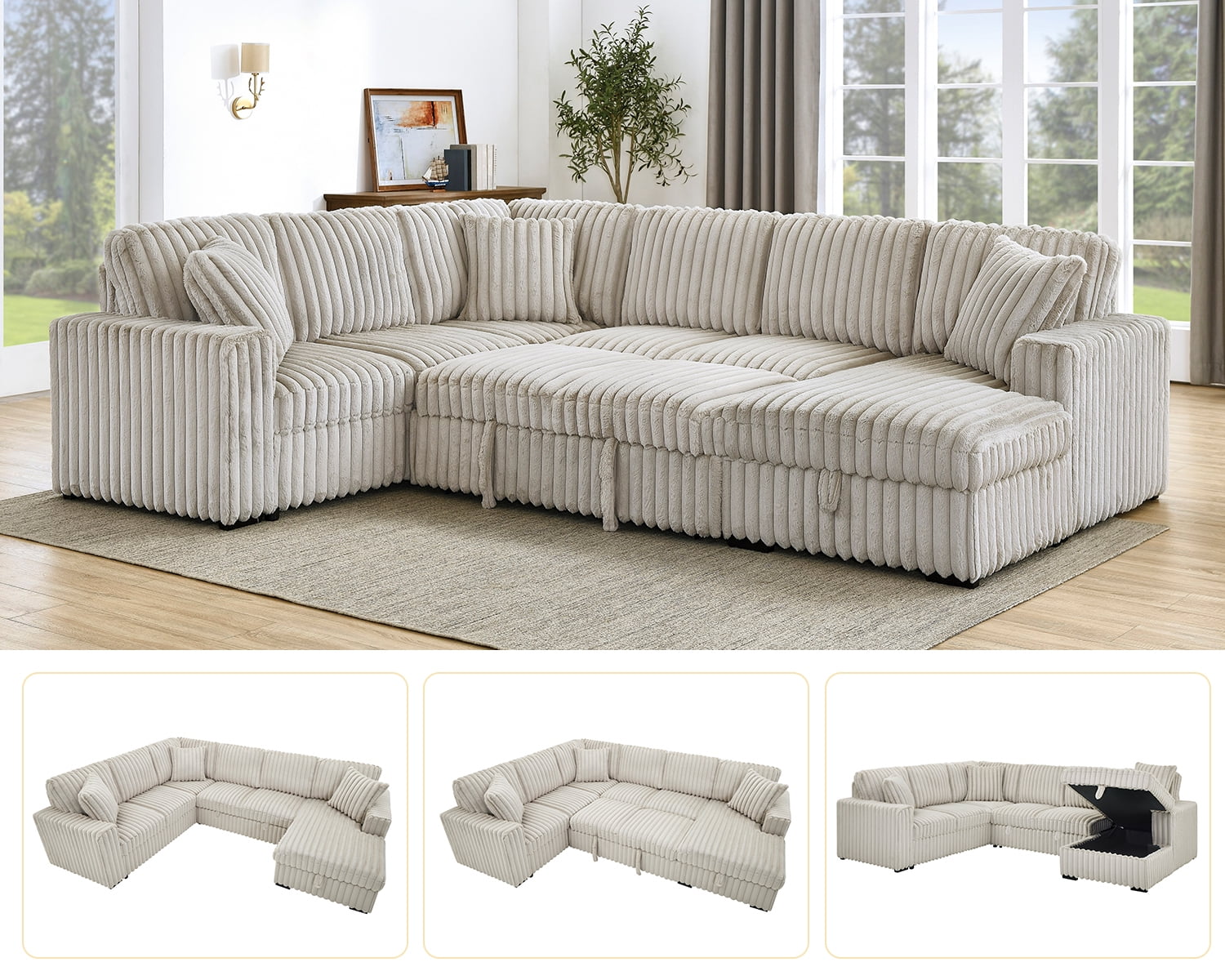 Oversized 122" U-Shaped Sectional Sleeper Sofa Bed with Pull-Out Bed ...