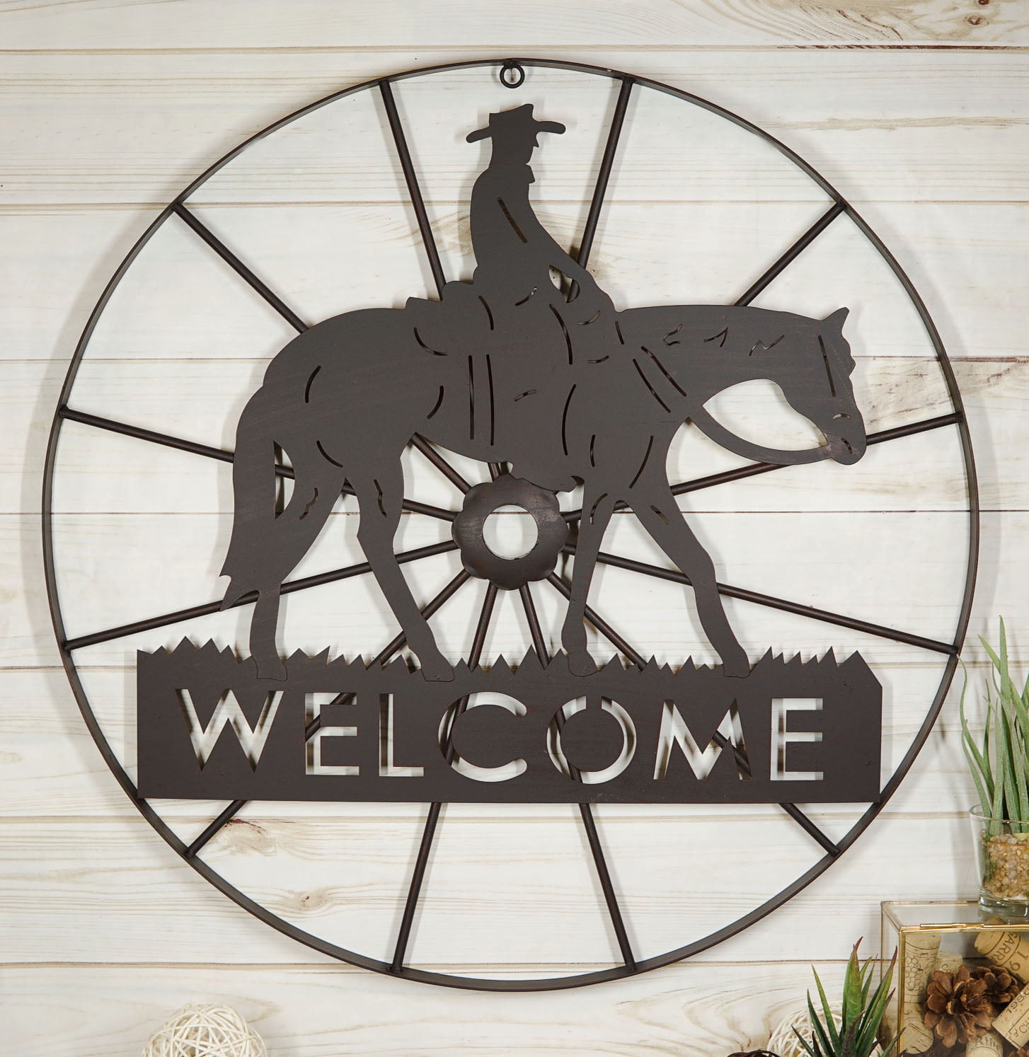 Oversized 24"D Rustic Cowboy Riding Horse Wagon Wheel Welcome Sign Wall ...