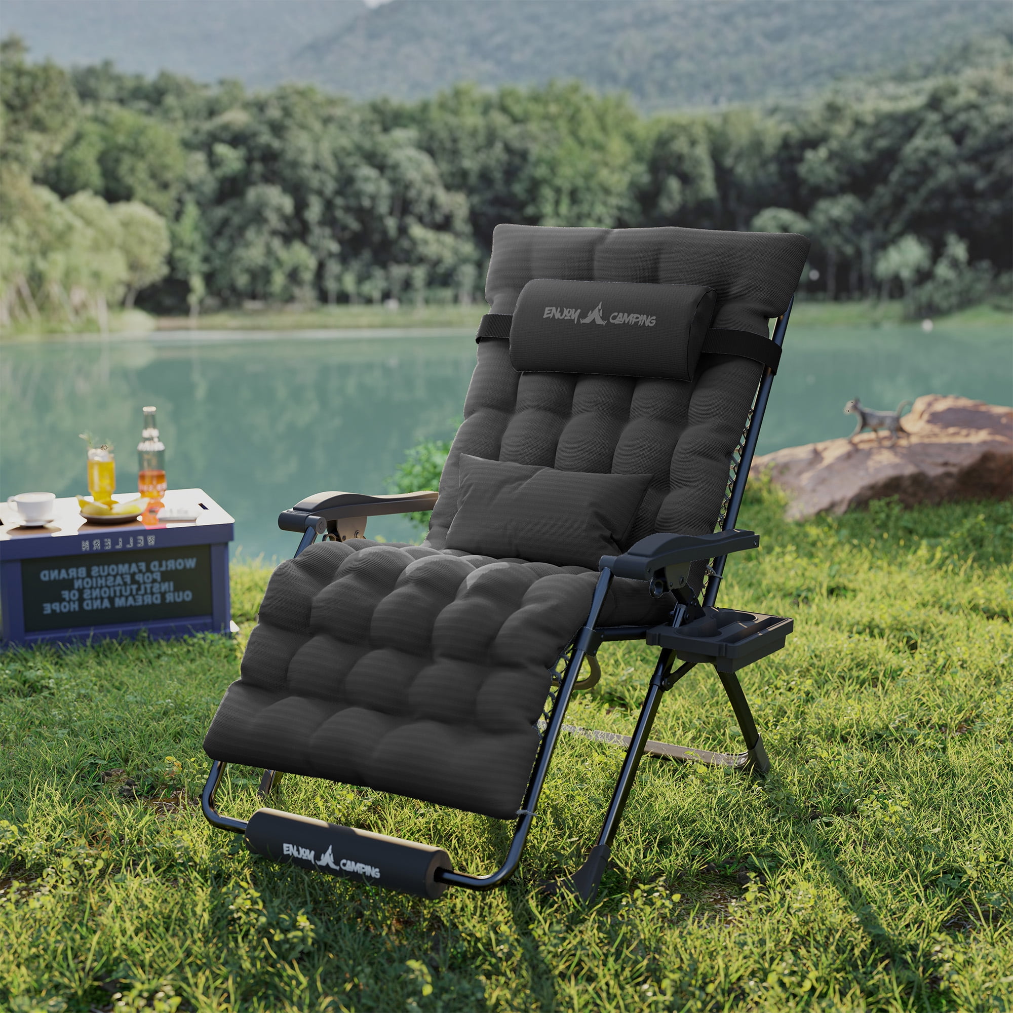 Oversized 33" XXL Zero Gravity Chair – Navy Blue Patio Recliner with Cushion, Pillows, Cup ...