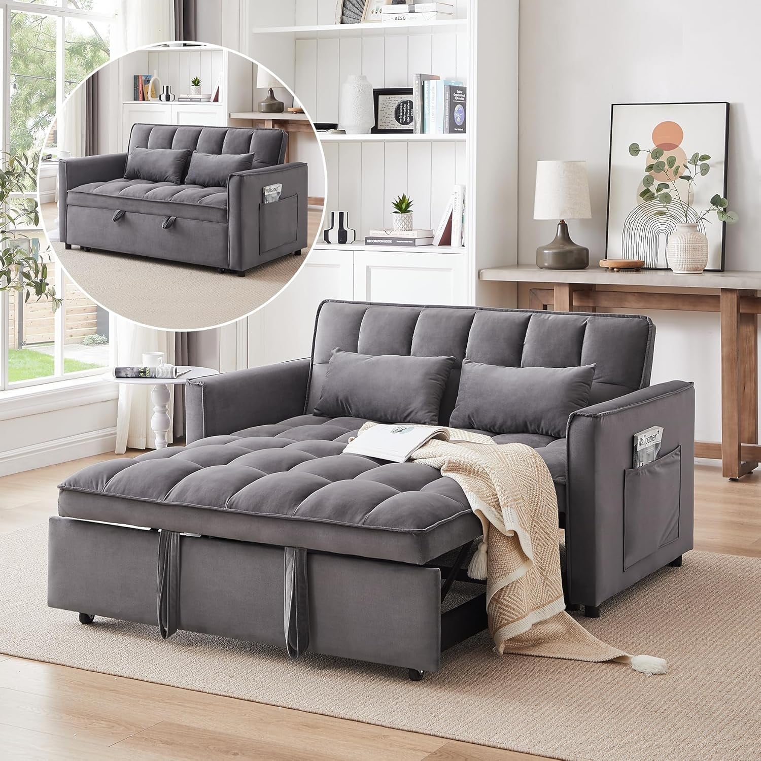 Oversized 55'' 3-in-1 Convertible Sleeper Sofa Bed, Futon Couches with Pullout Bed, 2-Seater ...