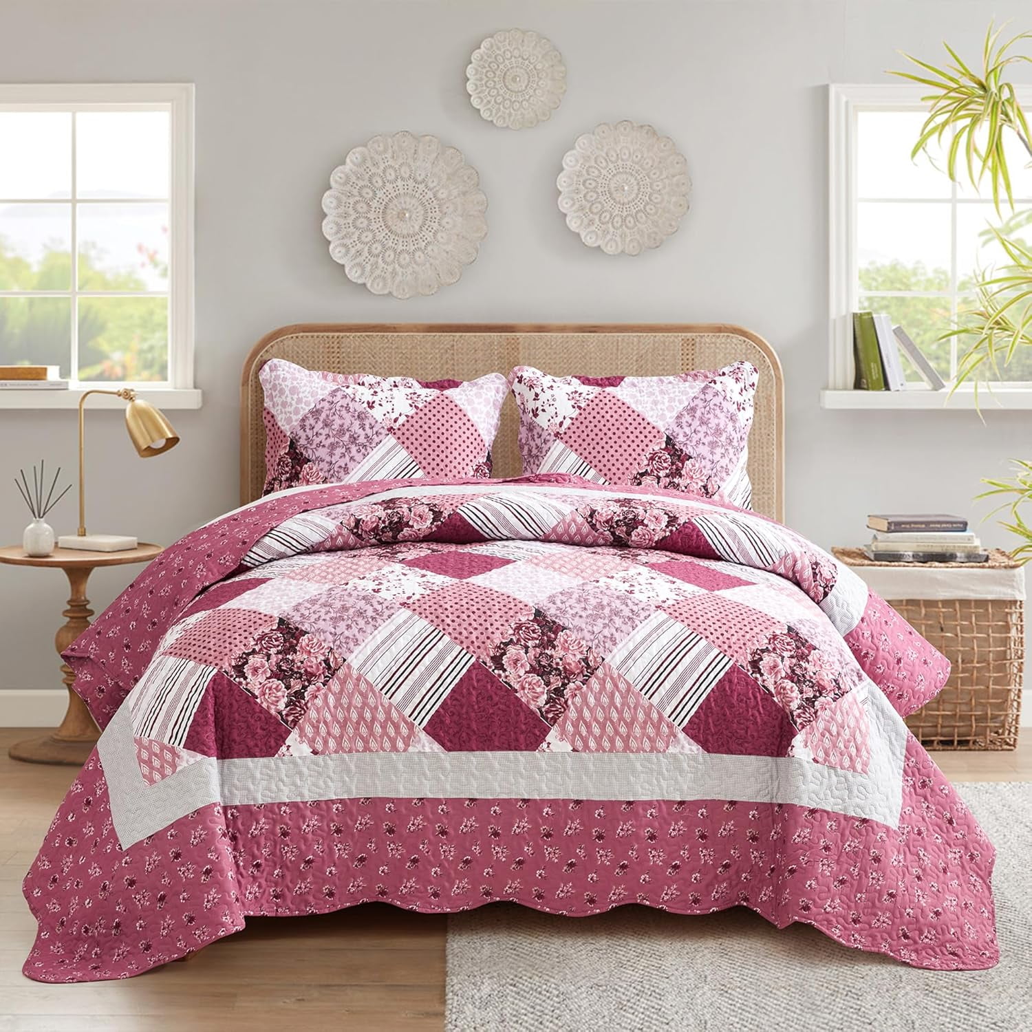 Oversized Bedspread King Size - Floral Pattern Quilt Set - Patchwork & Country Style Bedding ...