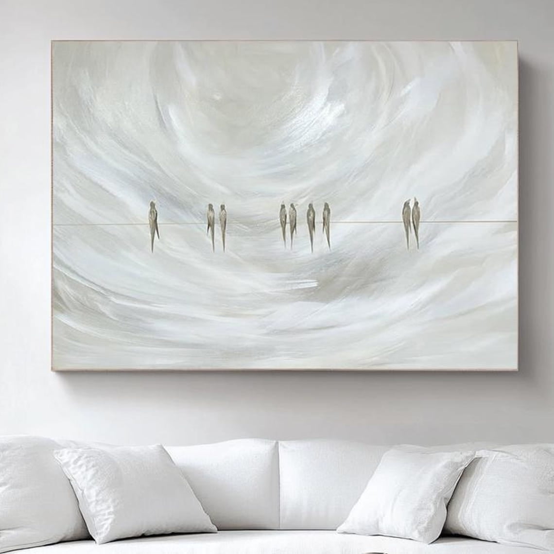 Oversized Beige Abstract Art, Bird Art Horizontal Painting, Beige Swirl ...