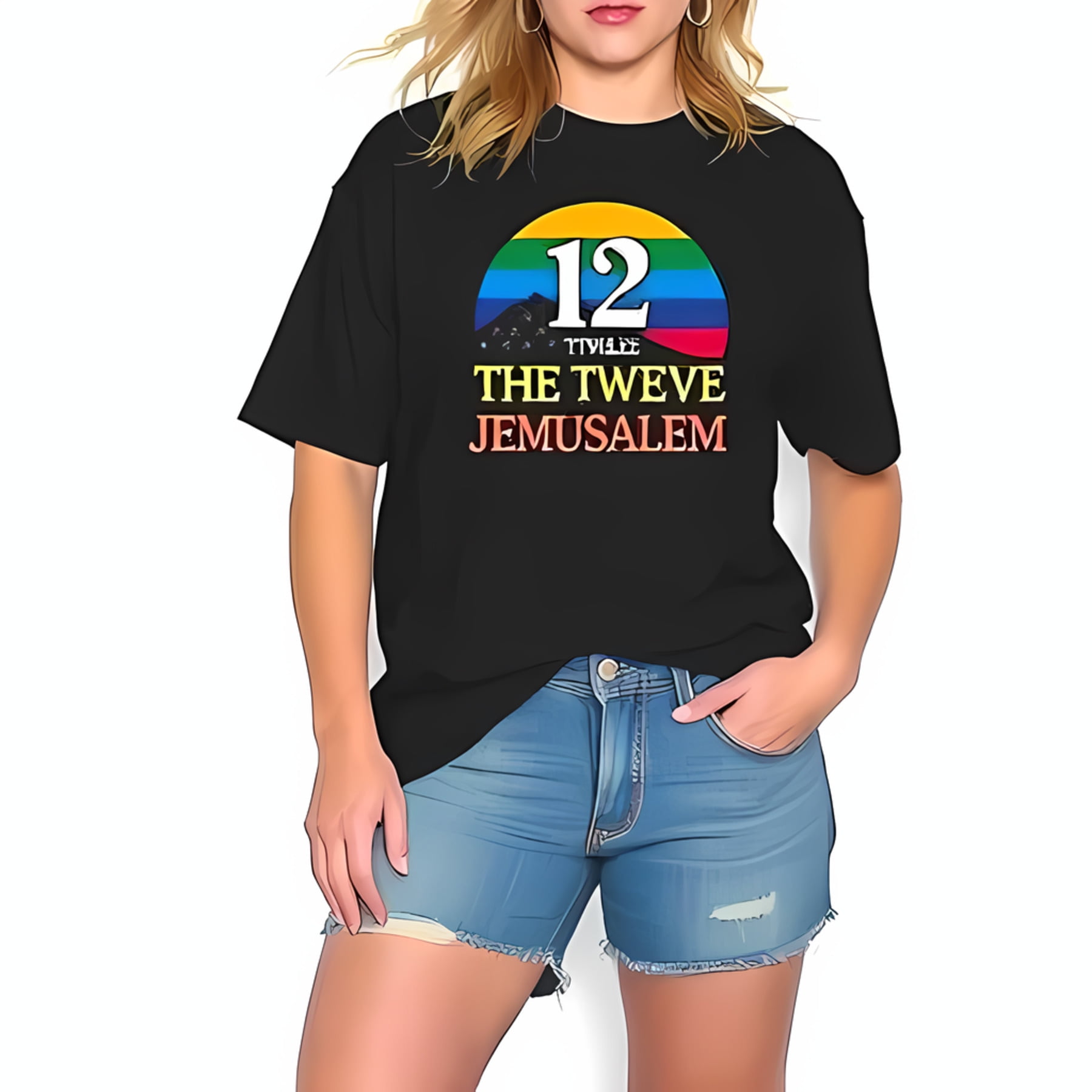 Oversized Black Cotton T-Shirt with Rainbow Semicircle Graphic Number 12 Mountain Design TIVILEE ...