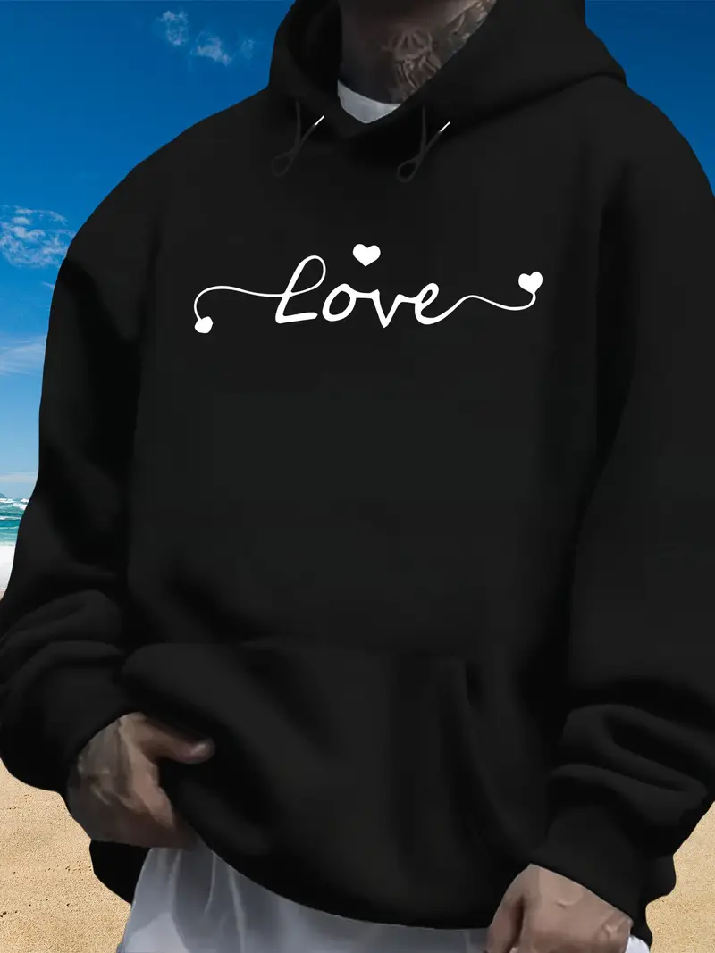 Oversized Black Hoodie with White 'Love' Cursive Lettering & Heart ...