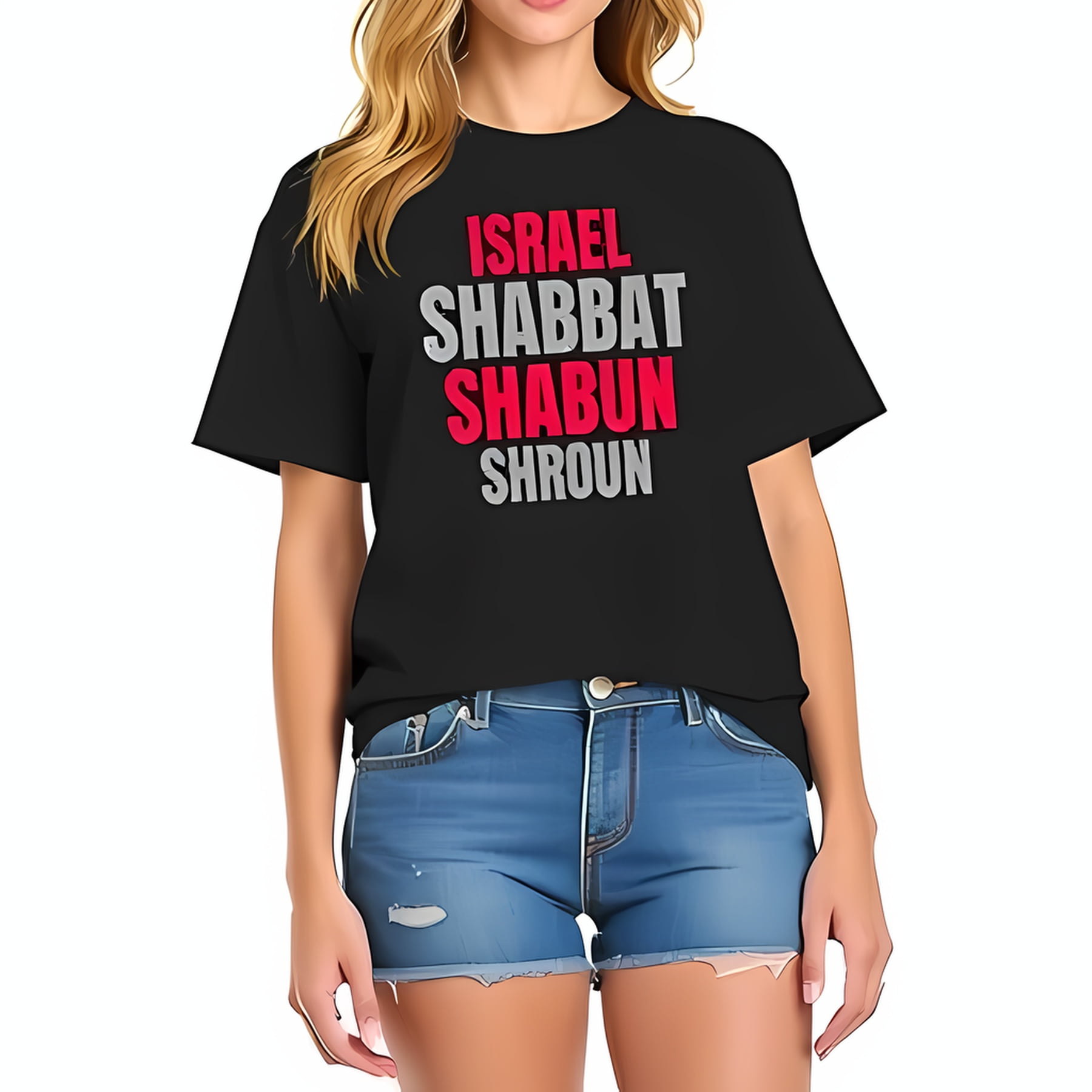 Oversized Black T-Shirt with Red and Gray Text: 'SHABBAT SHABUN SHROUN ...