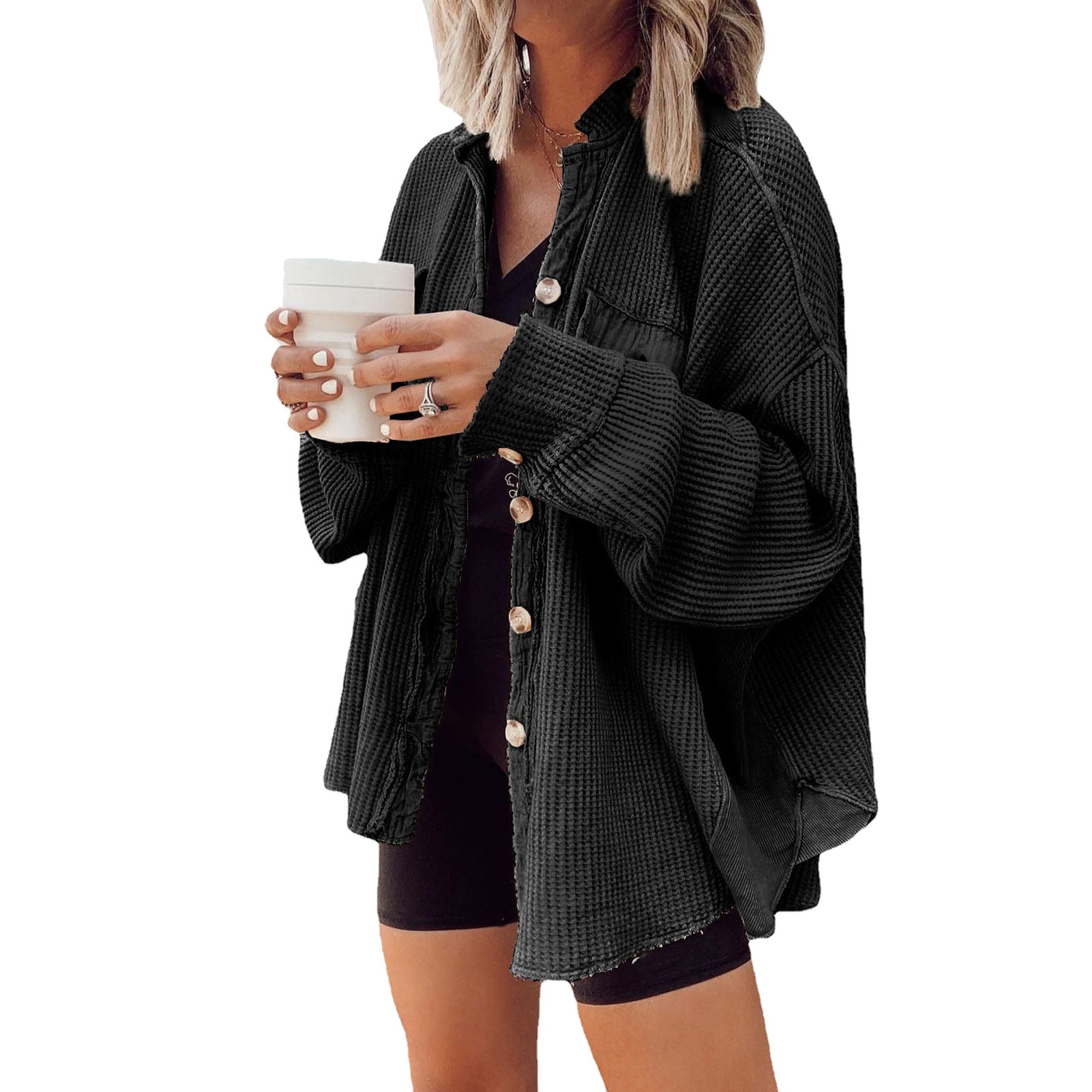 Oversized Boyfriend Waffle Knit Shacket Casual Button Down Shirt Jacket ...