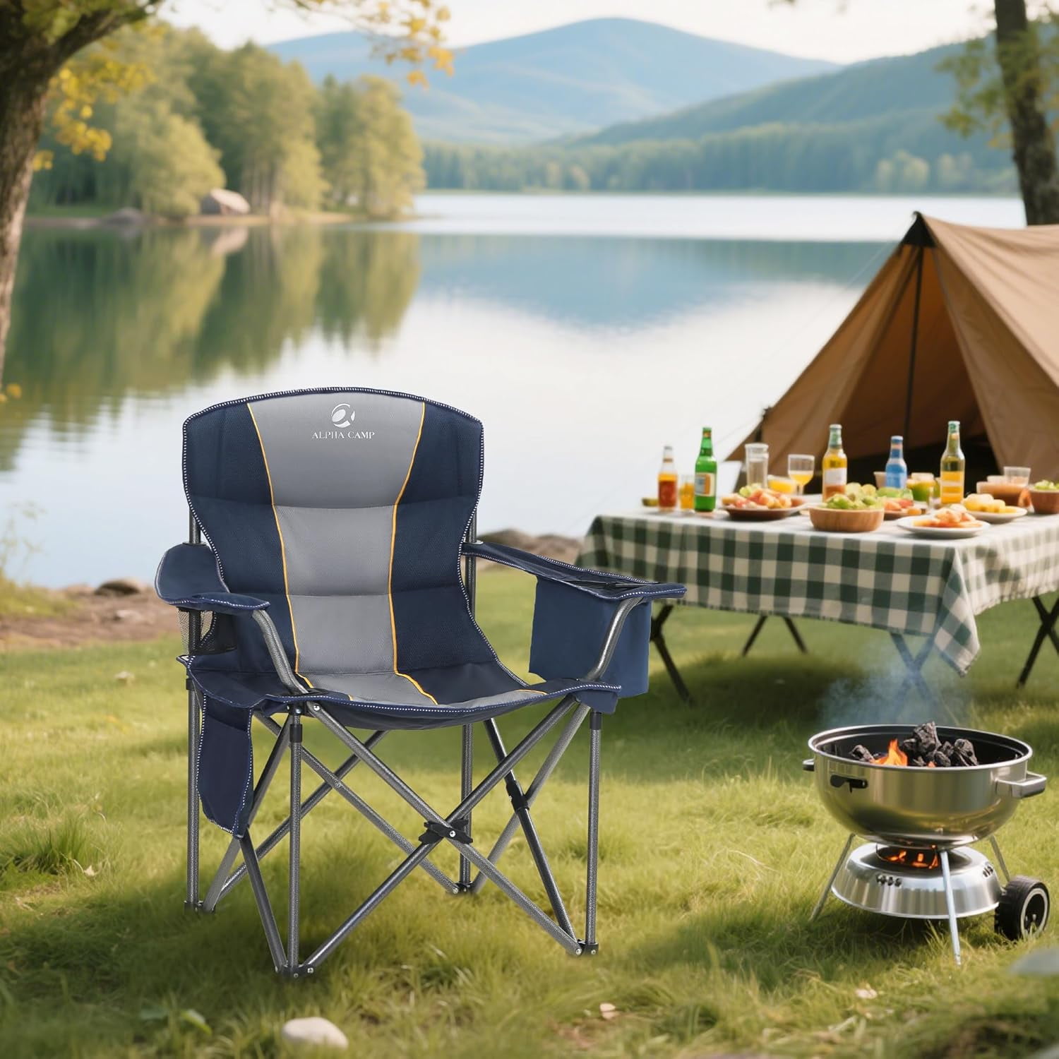 Oversized Camping Chair Heavy Duty Lawn Chair with Cooler Bag Support ...