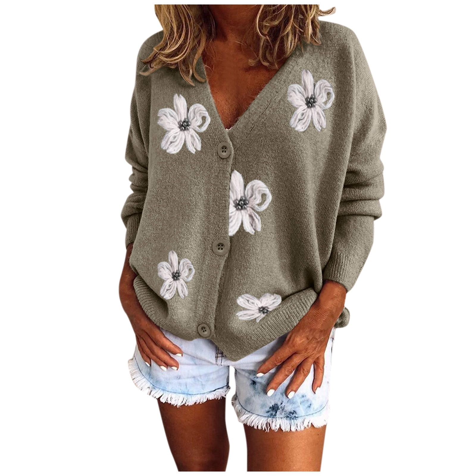 Oversized Cardigans Women Floral Embroidered Knit Sweater Slim V-neck ...