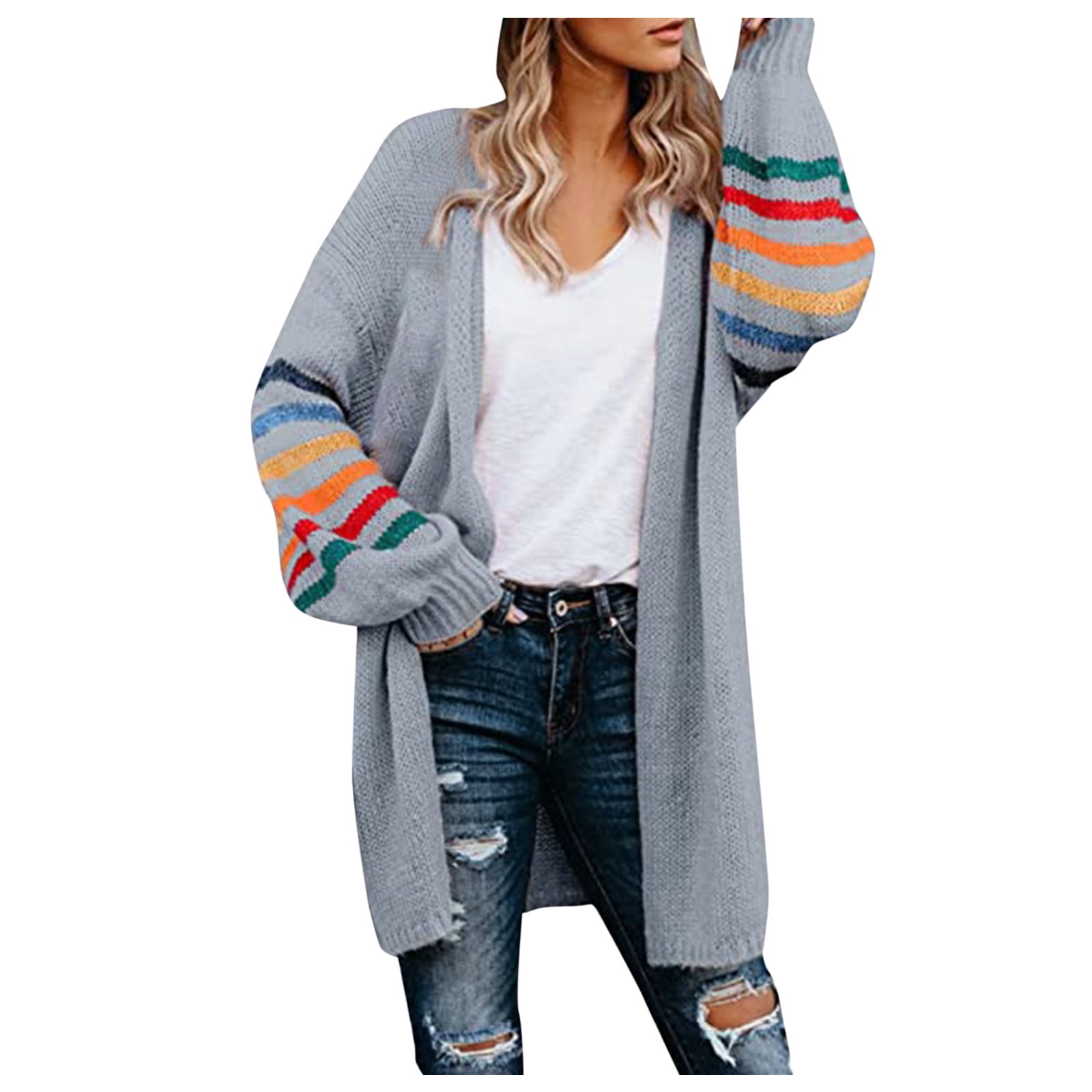 Oversized Cardigans Women Over Warm Rainbow Stripe Print Long Sleeve ...