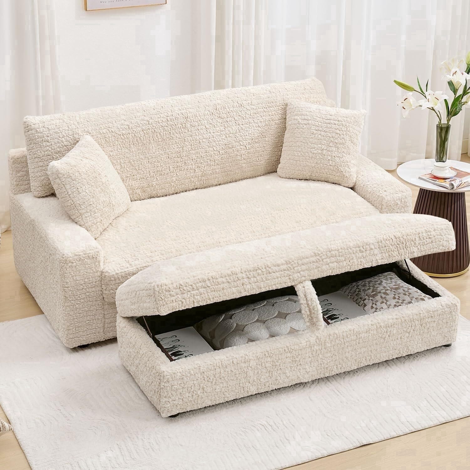 Boucle Oversized and Convertible Sleeper Loveseat with Storage Ottoman ...