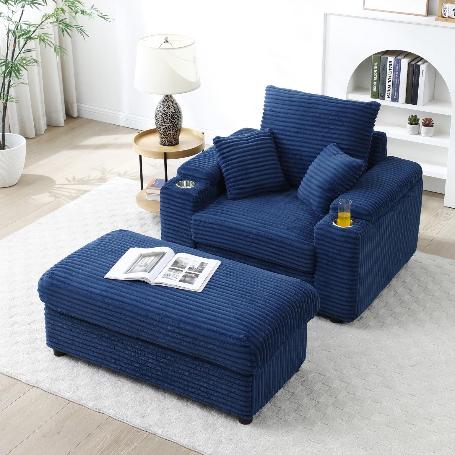 Oversized Comfort Chair with Removable Ottoman - Wide Armrests & Cup ...