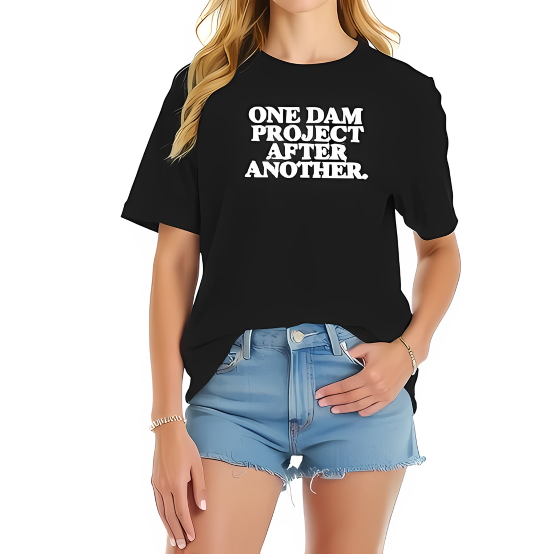 Oversized Cotton Short Sleeve T-Shirt with Bold White Text " ONE DAM ...