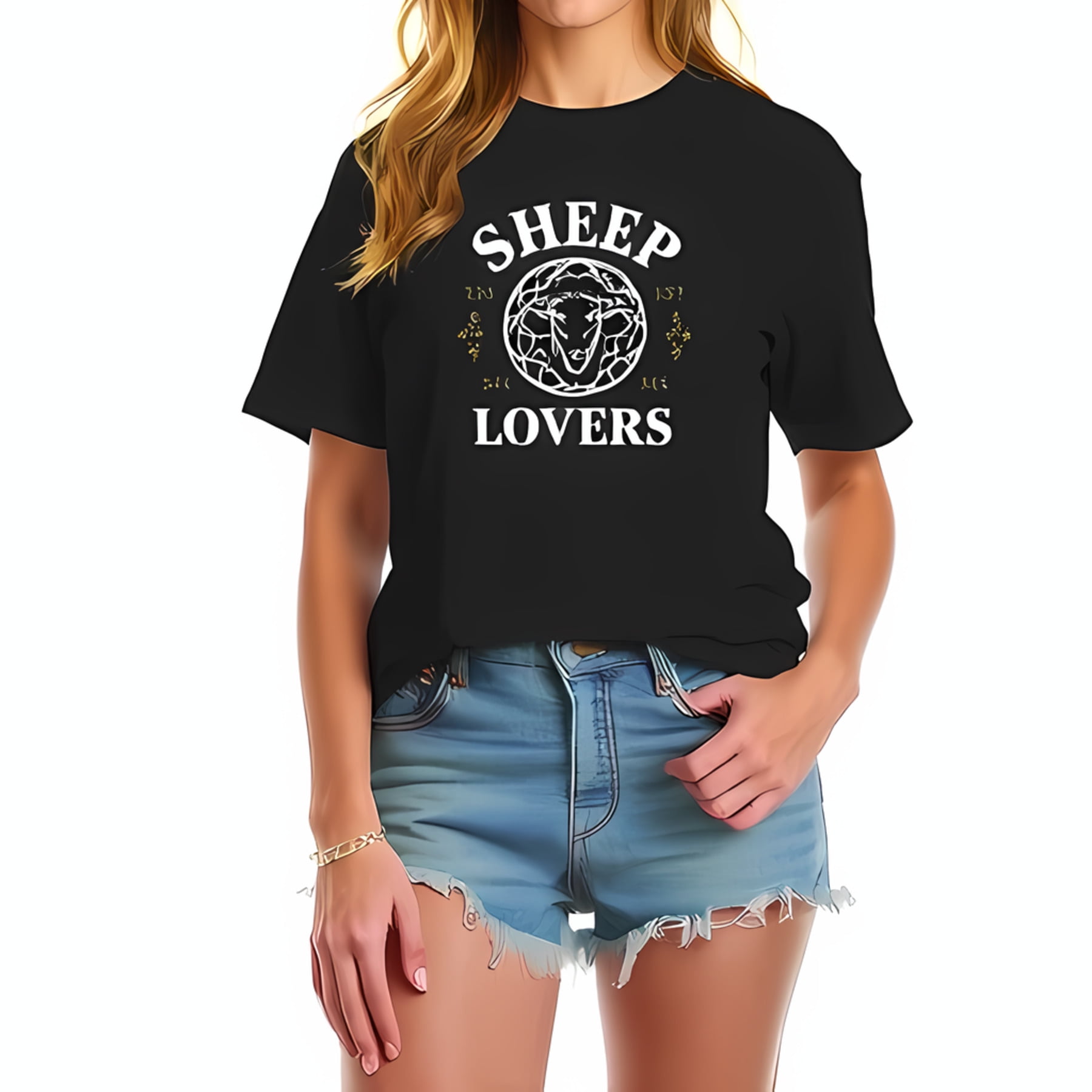 Oversized Cotton Short Sleeve T-Shirt with Stylized Sheep Head Design ...