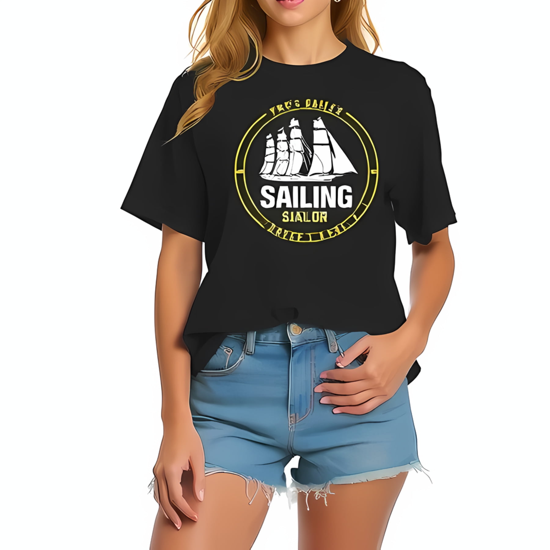 Oversized Cotton Short Sleeve T-Shirt with Vibrant Sailing Ship Graphic ...