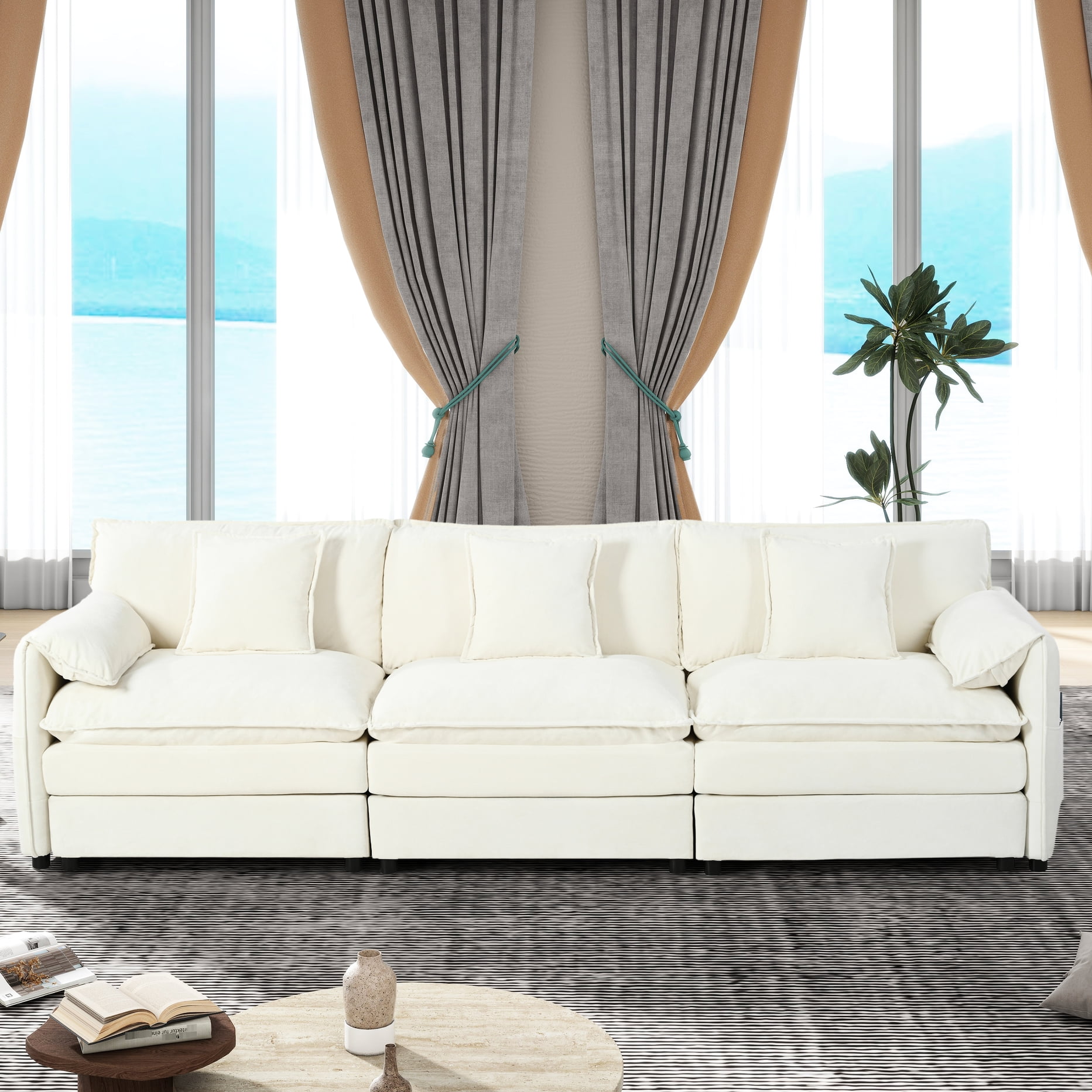 Oversized Deep Seat Sectional , Beige 3 Seater With Pillows. Modern ...