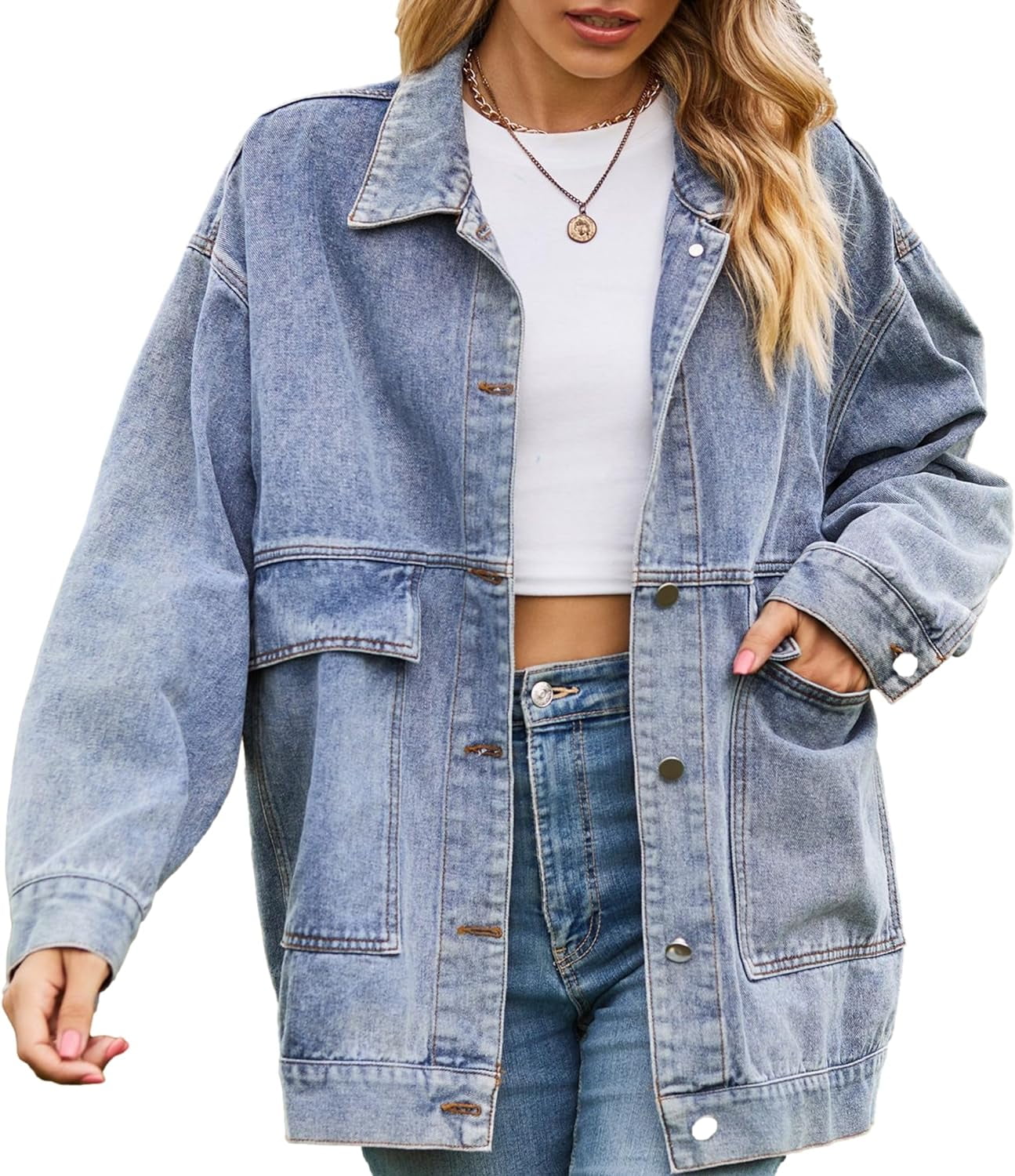 Oversized Denim Jakcet for Women Classic Lapel Long Sleeve Denim Jean ...