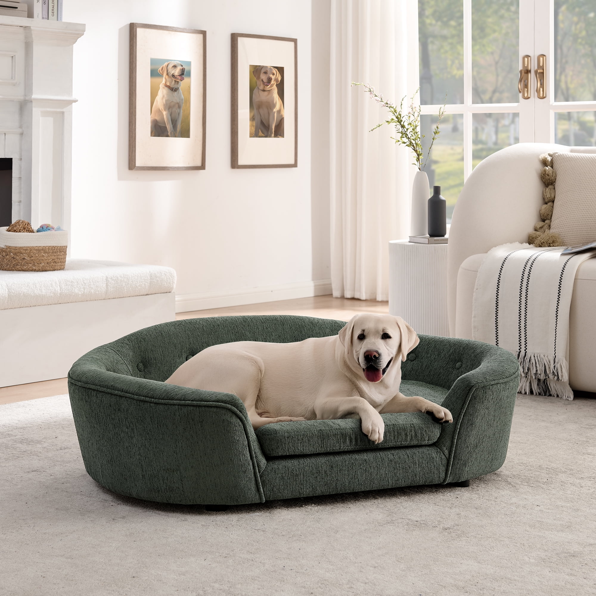 Oversized Dog Sofa Bed, Oval Semi-Enclosed Dog Couch with Button Tufted ...