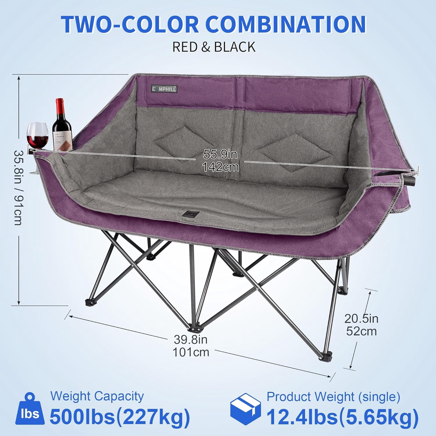 Oversized Double Camping Chair-Heavy Duty 2 Person Folding Loveseat ...
