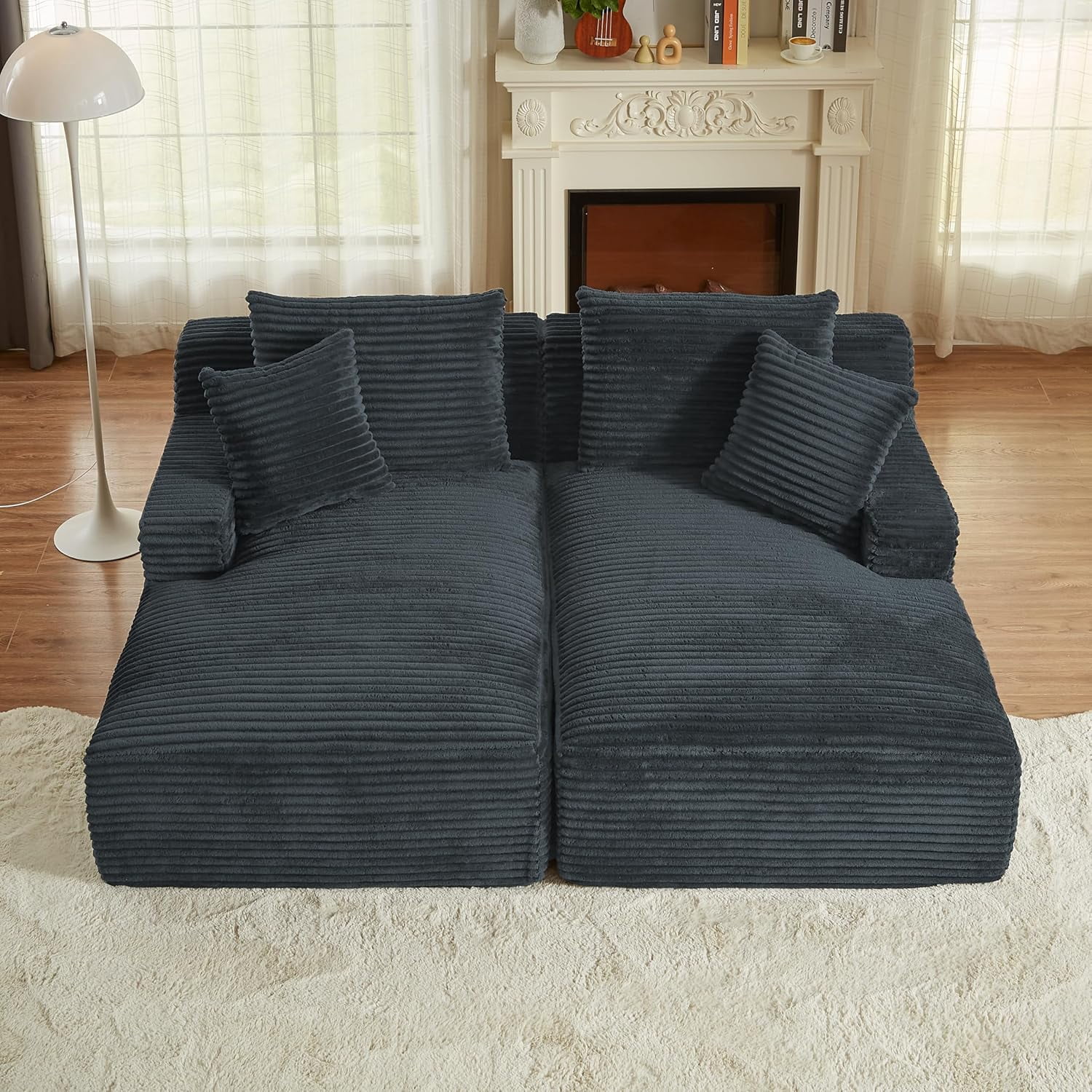 Oversized Double Chaise Lounge Chair Indoor Fluffy Upholstered Corduroy ...