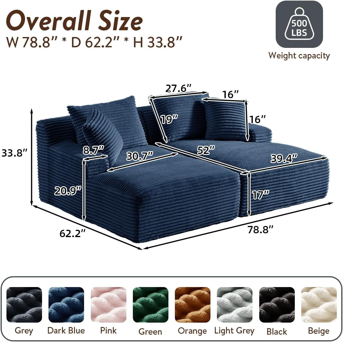 Oversized Double Chaise Lounge Chair Indoor, Wide Corduroy Boneless ...