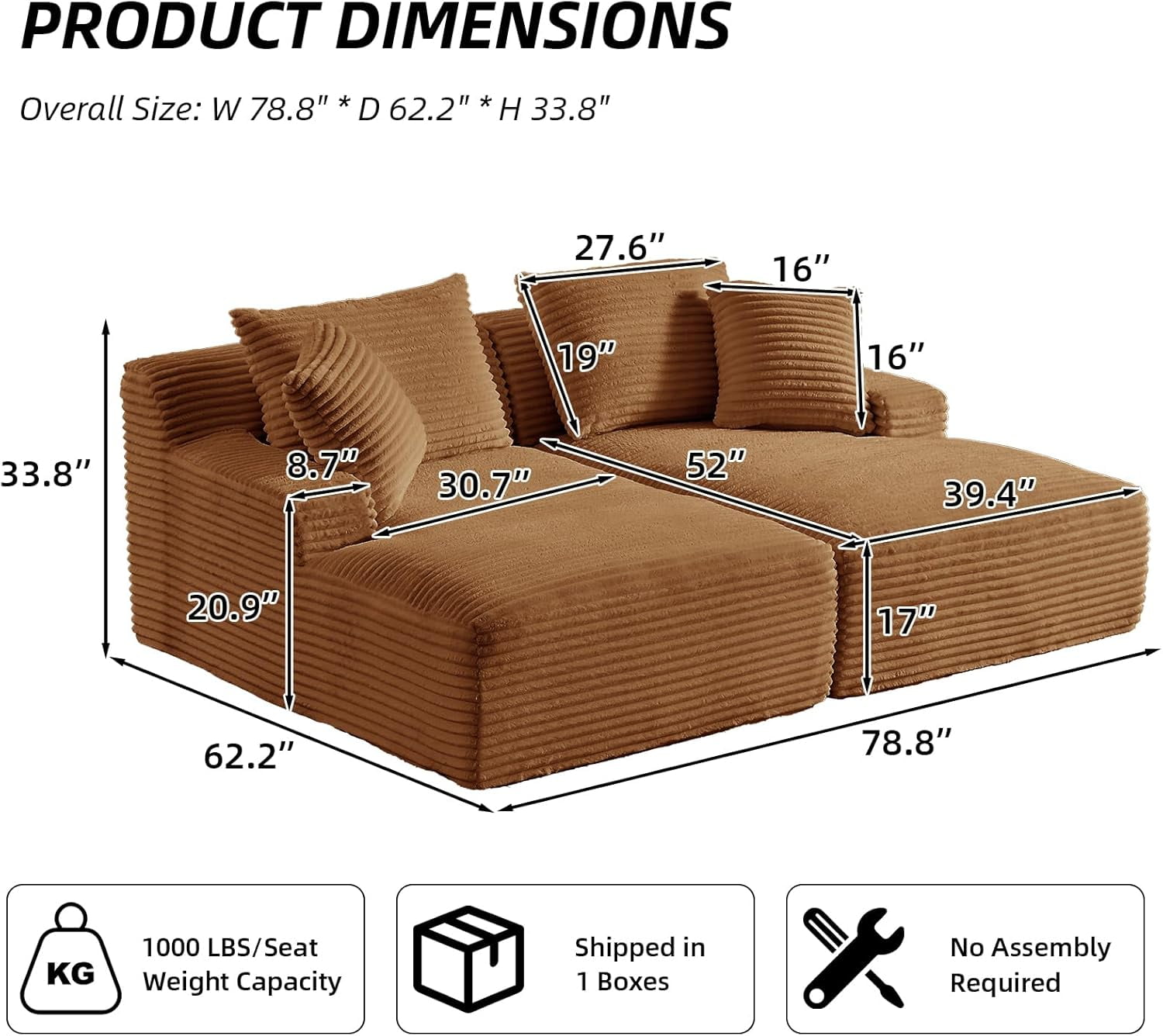 Oversized Double Chaise Lounge Chair with Fluffy Corduroy Upholstery ...