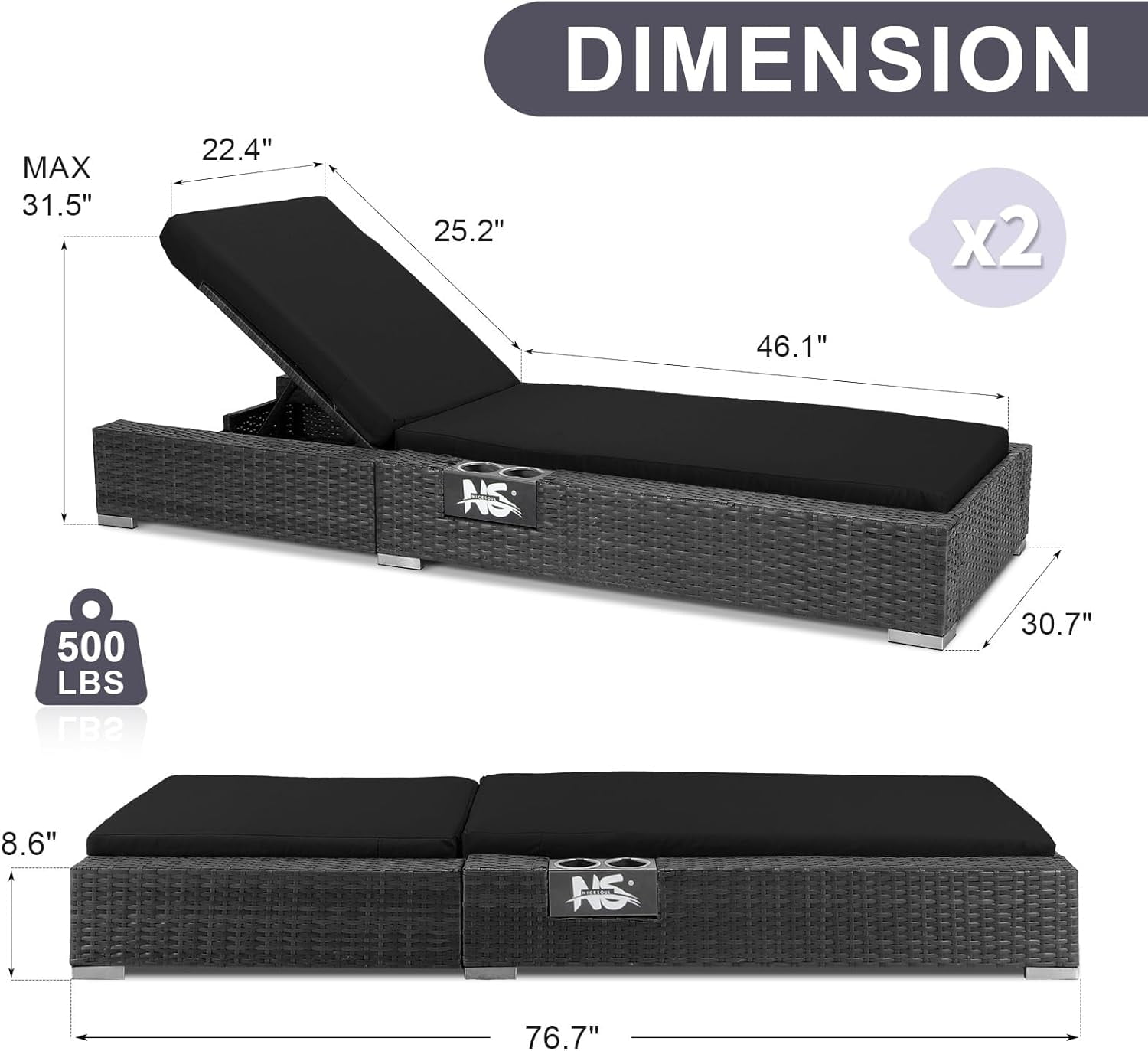 Oversized Double Chaise Lounge Outdoor, 2Pcs Luxury Patio Lounge Chairs ...