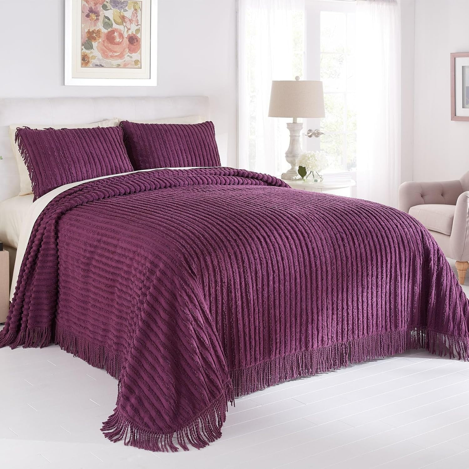 Oversized Extra Wide Cotton Chenille Bedspread with Fringed Hems - Twin ...
