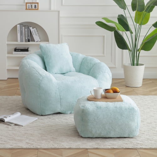 Oversized Faux Fur Bean Bag Chair with Footstool Light Blue Shell ...