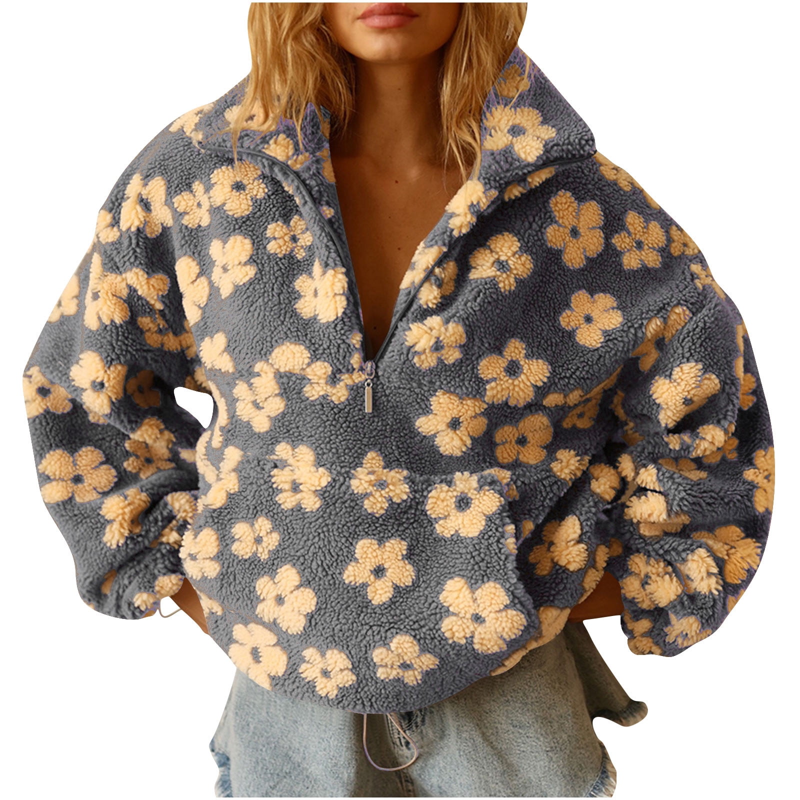 Oversized Fleece Sweaters Women Cute Half Zip Pullover Fuzzy ...