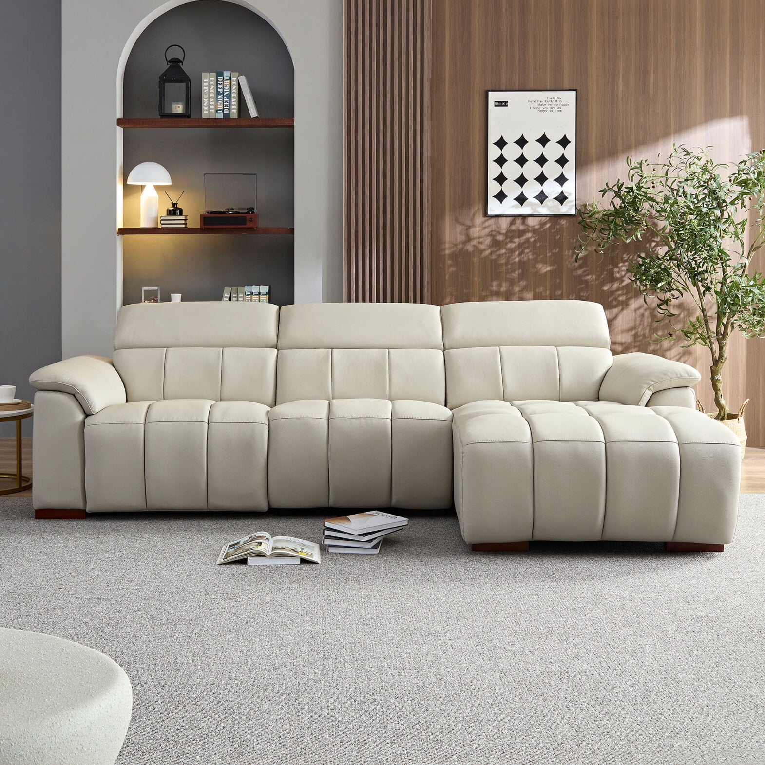 Oversized Genuine Leather L Shaped Sofa, Modern Electric Control Seat Three-Seater Couch with ...
