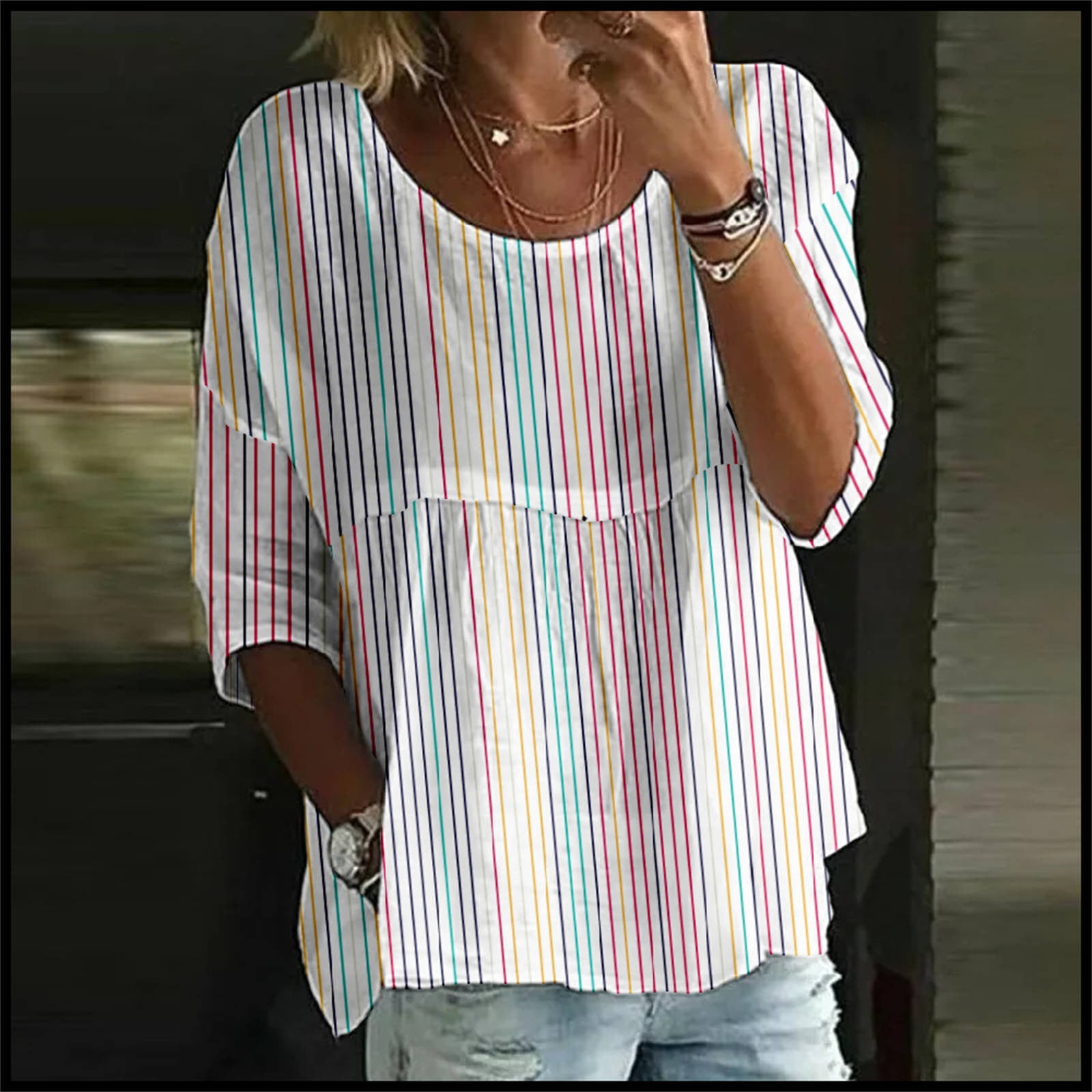 Oversized Graphic Tshirts, Multicolor Floral Print 3/4 Sleeve Loose ...