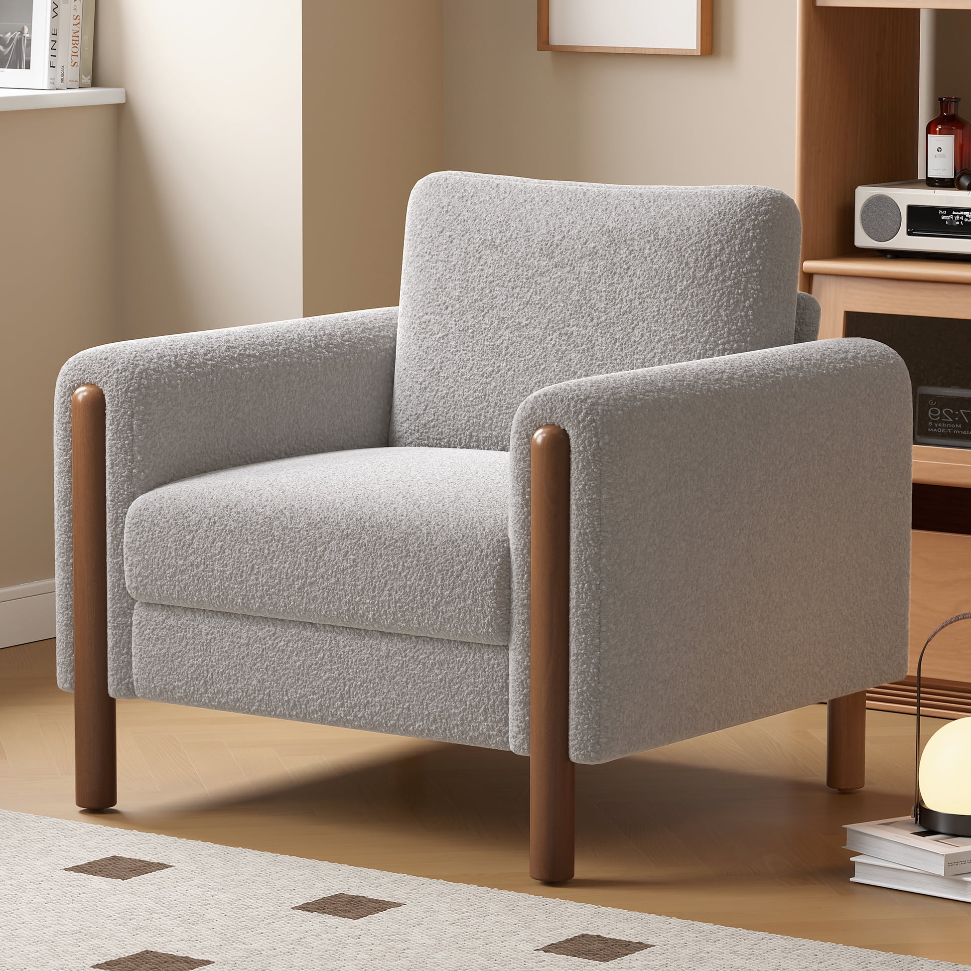 Oversized Grey Accent Chair With Upholstery And Strong Walnut Legs ...