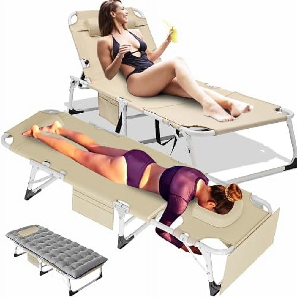 Oversized Heavy Duty Tanning Chair, Folding Beach Lounger with Face Arm Hole, Adjustable 5 ...