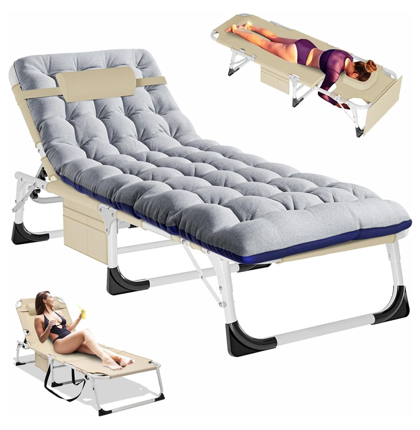 Oversized Heavy Duty Tanning Chair, Folding Beach Lounger with Face Arm ...