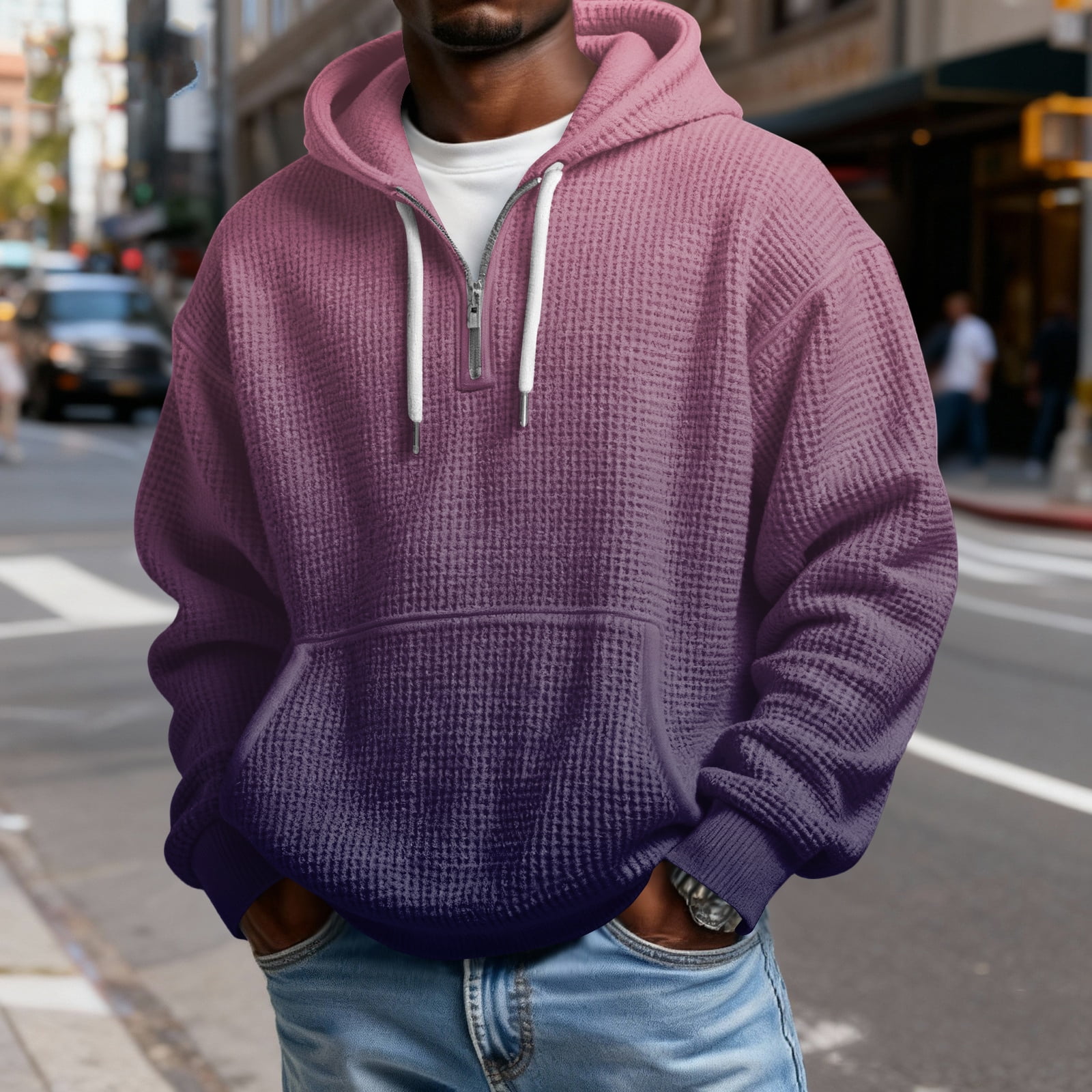 Oversized Hooded Sweatshirts Men Quarter Zip Waffle Long Sleeve ...