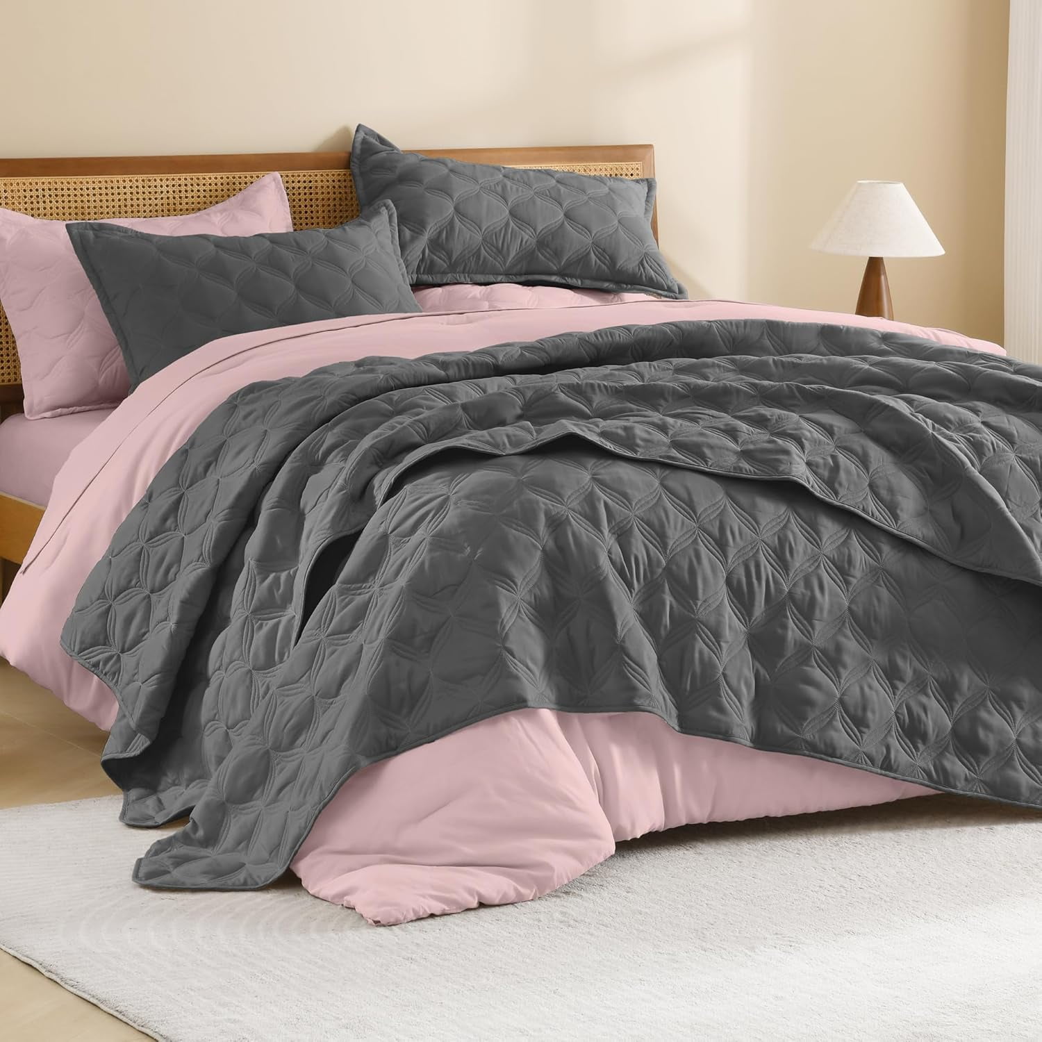 Oversized King Bedspreads 128x120 Quilt Set - 3 Piece Grey Lightweight Comforter Coverlets ...