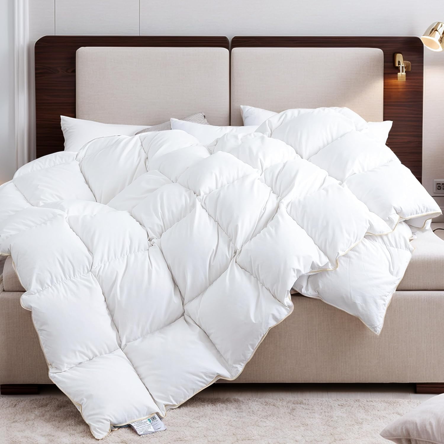 Oversized King Size Goose Down Feather Comforter with Baffle Box Design, Quilted White Duvet ...