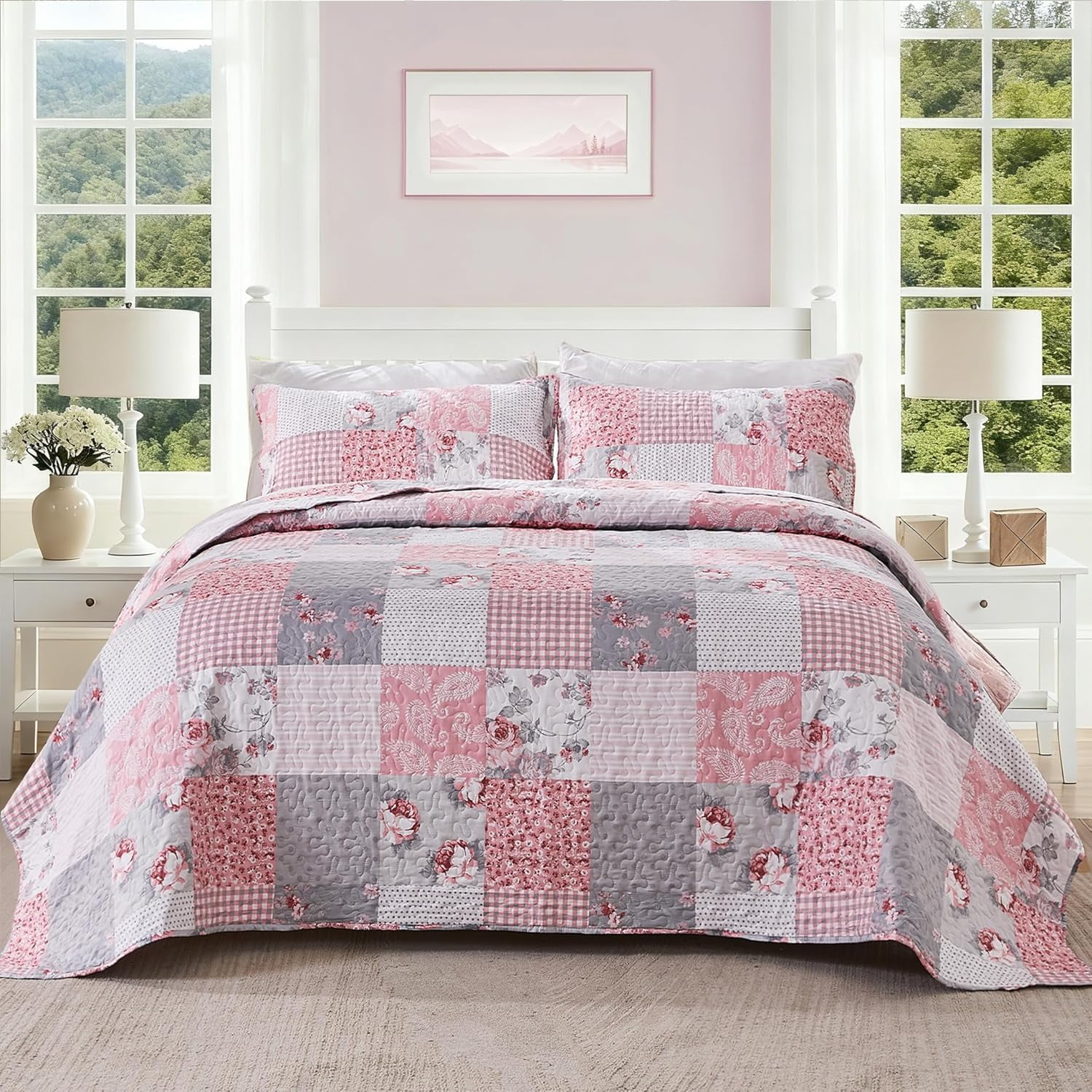 Oversized King Size Quilt Set - Pink Grey Floral Plaid Patchwork ...
