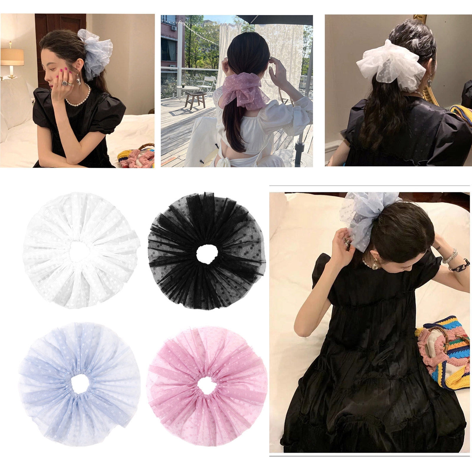 Oversized Lace Mesh Polka Hair Tie, Long Tails Scrunchy Elastic ...
