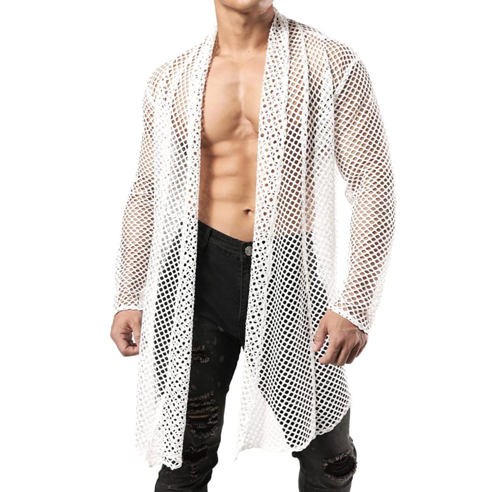 Oversized Long Cropped Cardigan Sexy Style Male Sex Hollowed Out Long Cardigan Mesh Street