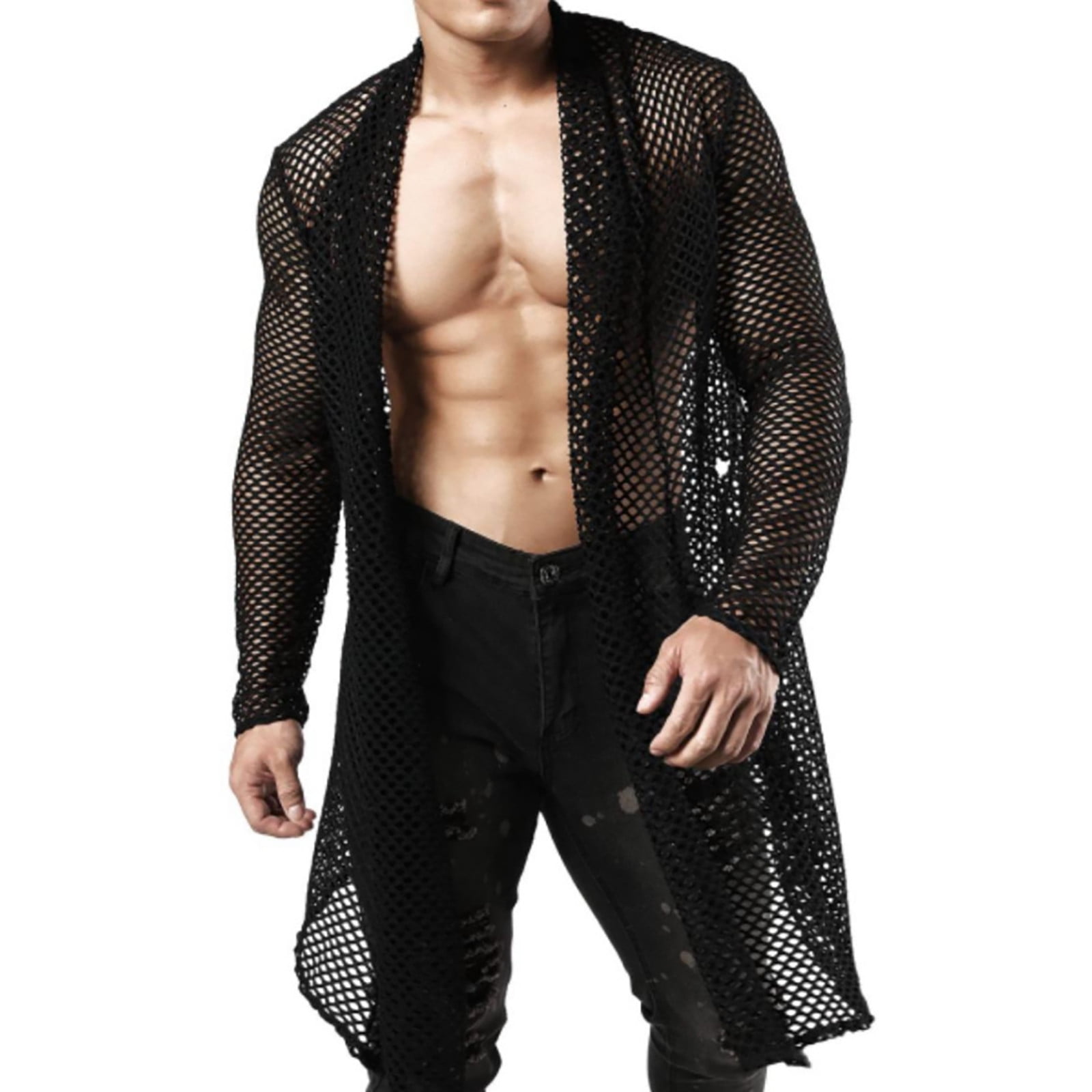 Oversized Long Cropped Cardigan Sexy Style Male Sex Hollowed Out Long Cardigan Mesh Street
